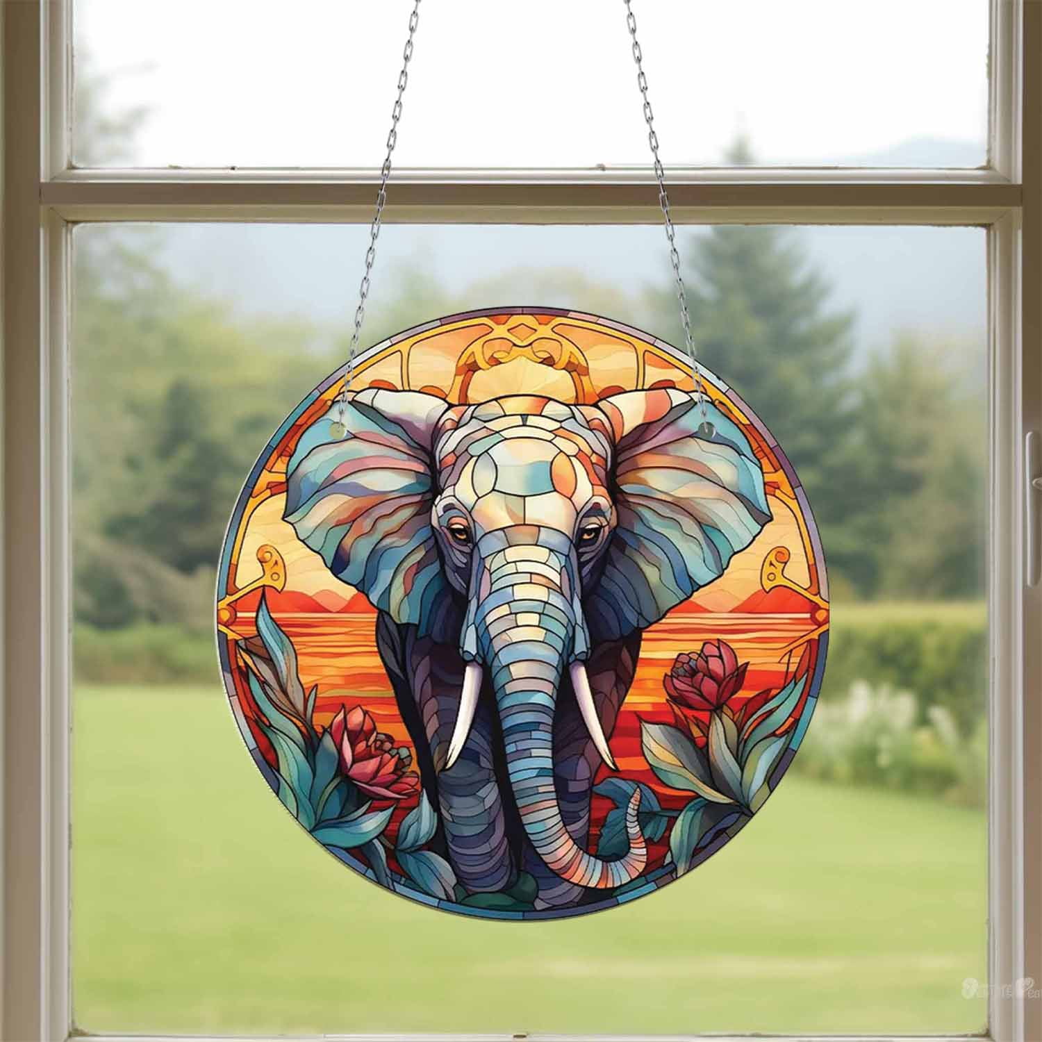 Acrylic Window Hanging, Elephant with Colorful Sunset in Stained Glass ...