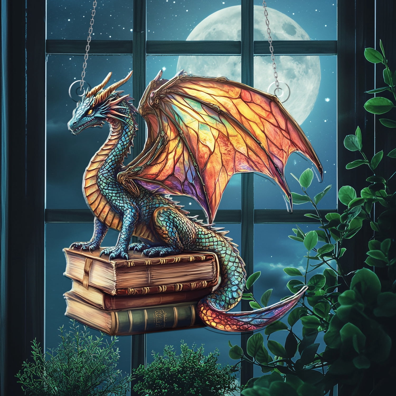 Acrylic Window Hanging, Enchanted Dragon Perched on Books with Radiant ...