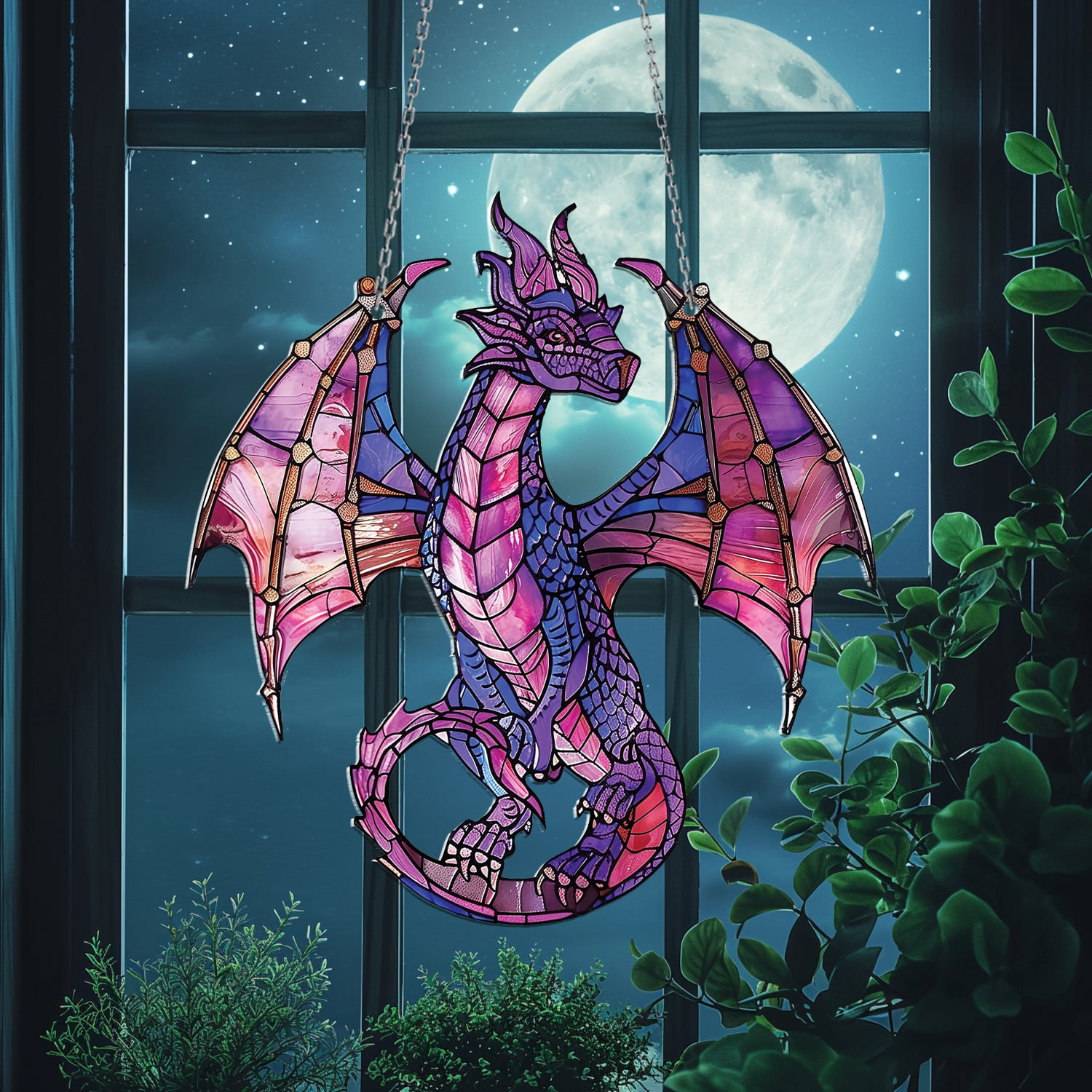 Acrylic Window Hanging, Enchanted Dragon Under the Moon Stained Glass ...