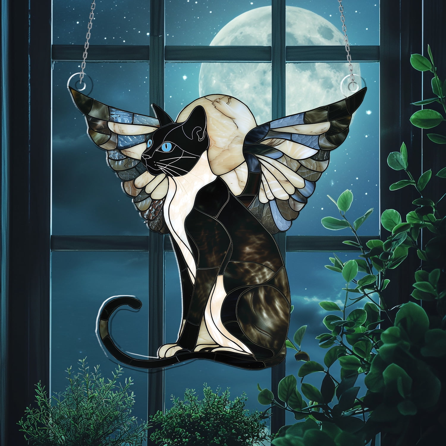 Acrylic Window Hanging, Enchanted Winged Cat Stained Glass Design ...