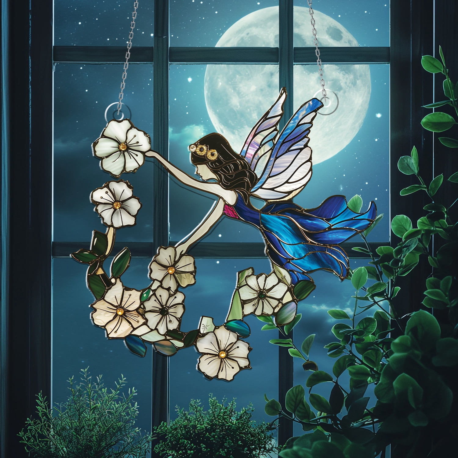 Acrylic Window Hanging, Enchanting Fairy with Floral Garland Stained ...