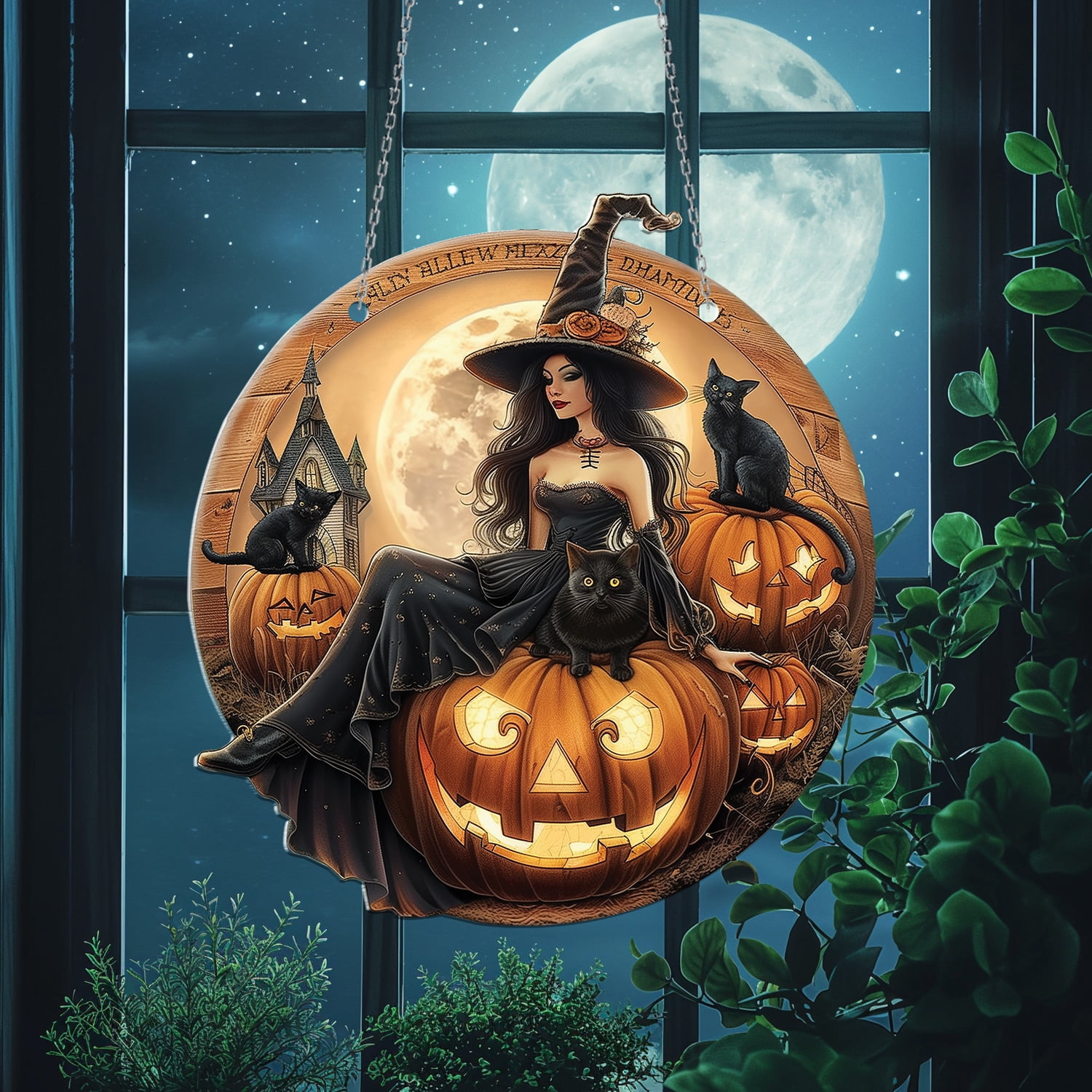 Acrylic Window Hanging, Enchanting Halloween Witch with Black Cats and ...