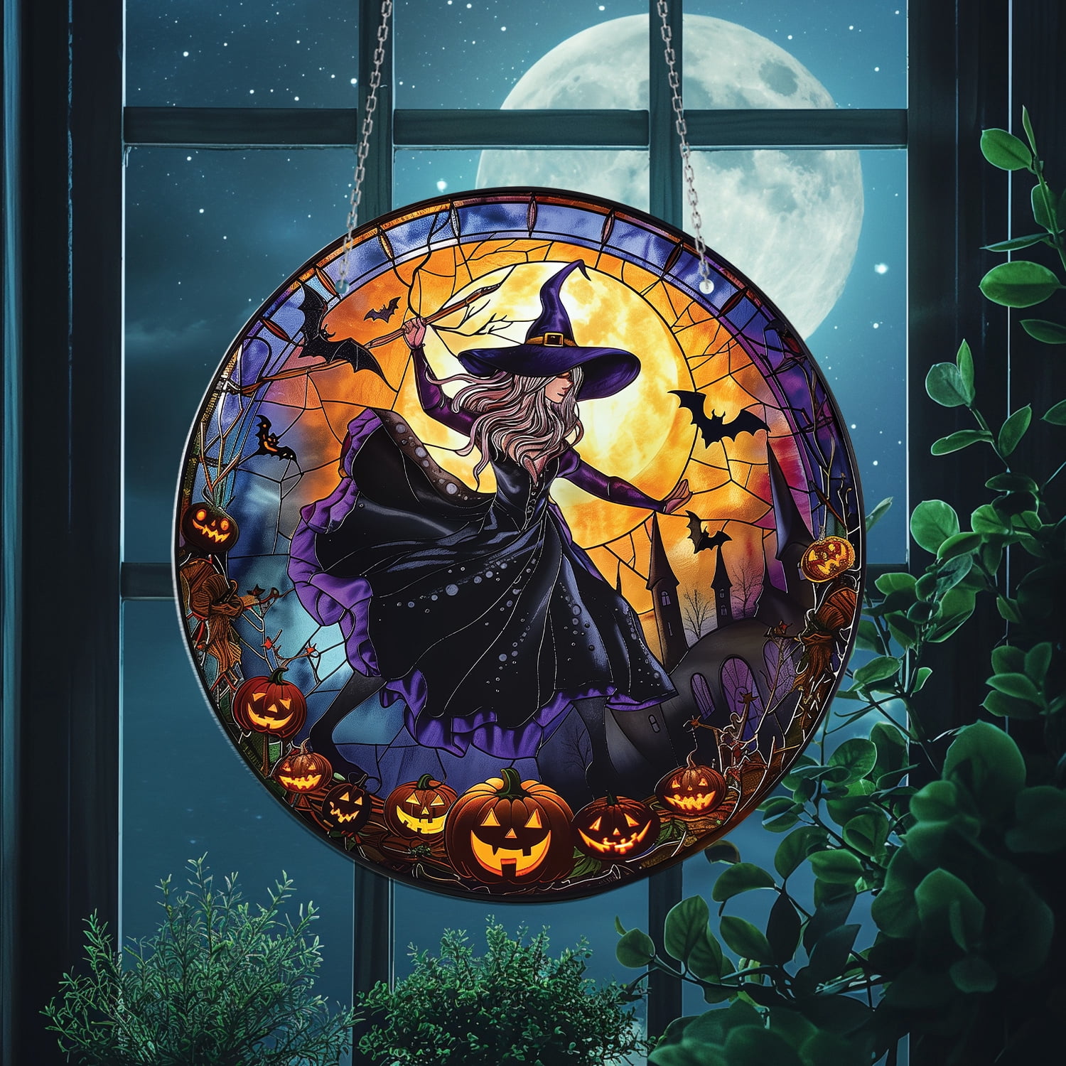 Acrylic Window Hanging, Enchanting Witch Under Moonlight with Pumpkins ...