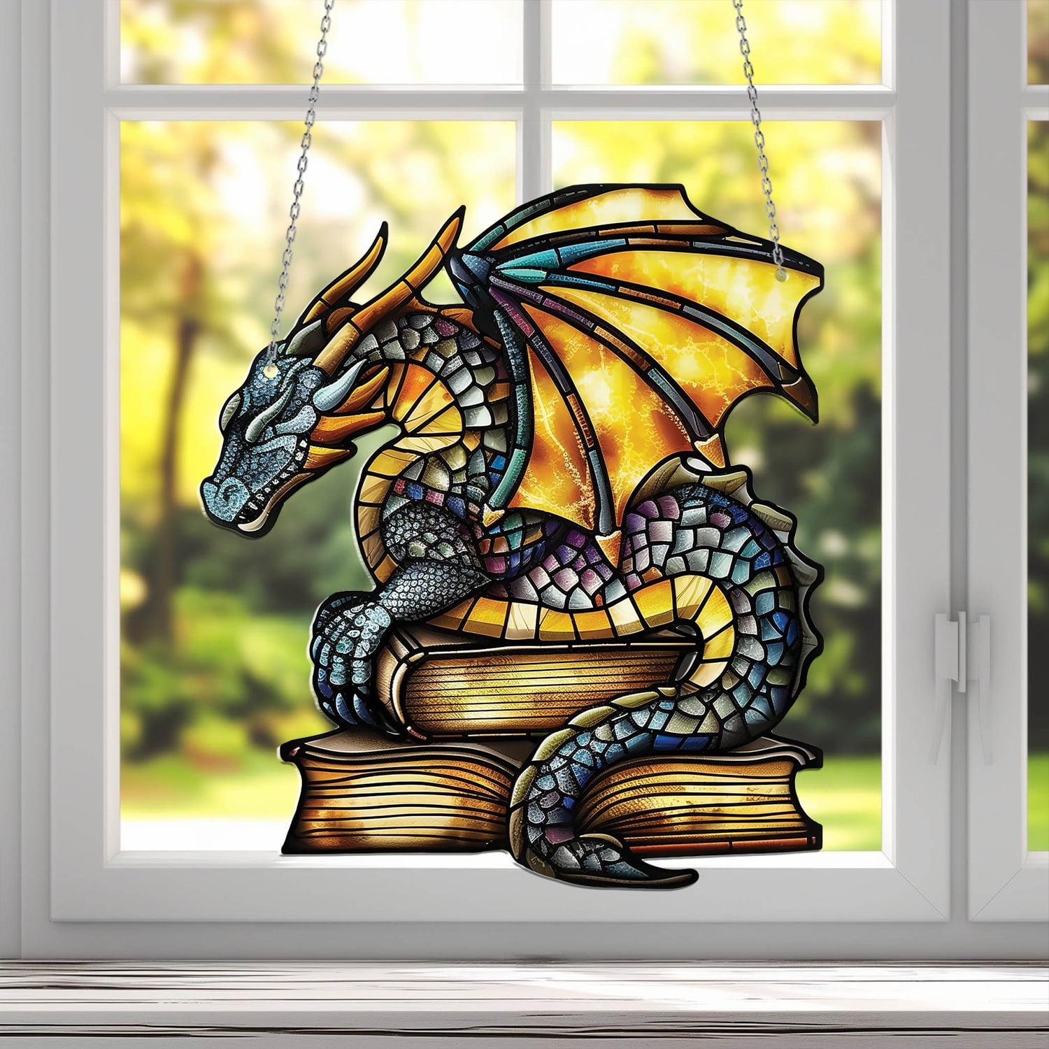Acrylic Window Hanging, Golden Winged Dragon with Books Stained Glass ...