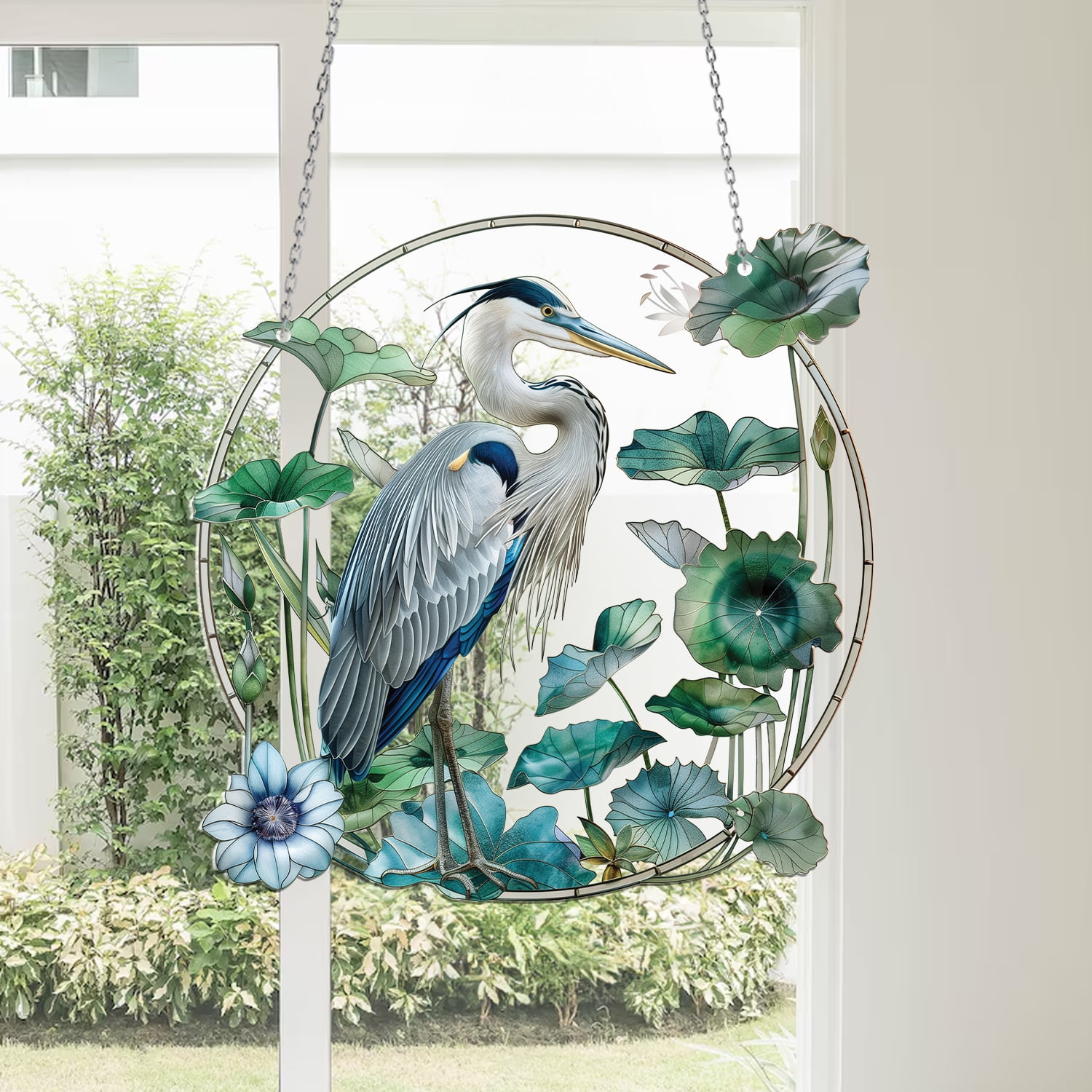 Acrylic Window Hanging, Graceful Heron with Lotus in 2D Stained Glass ...