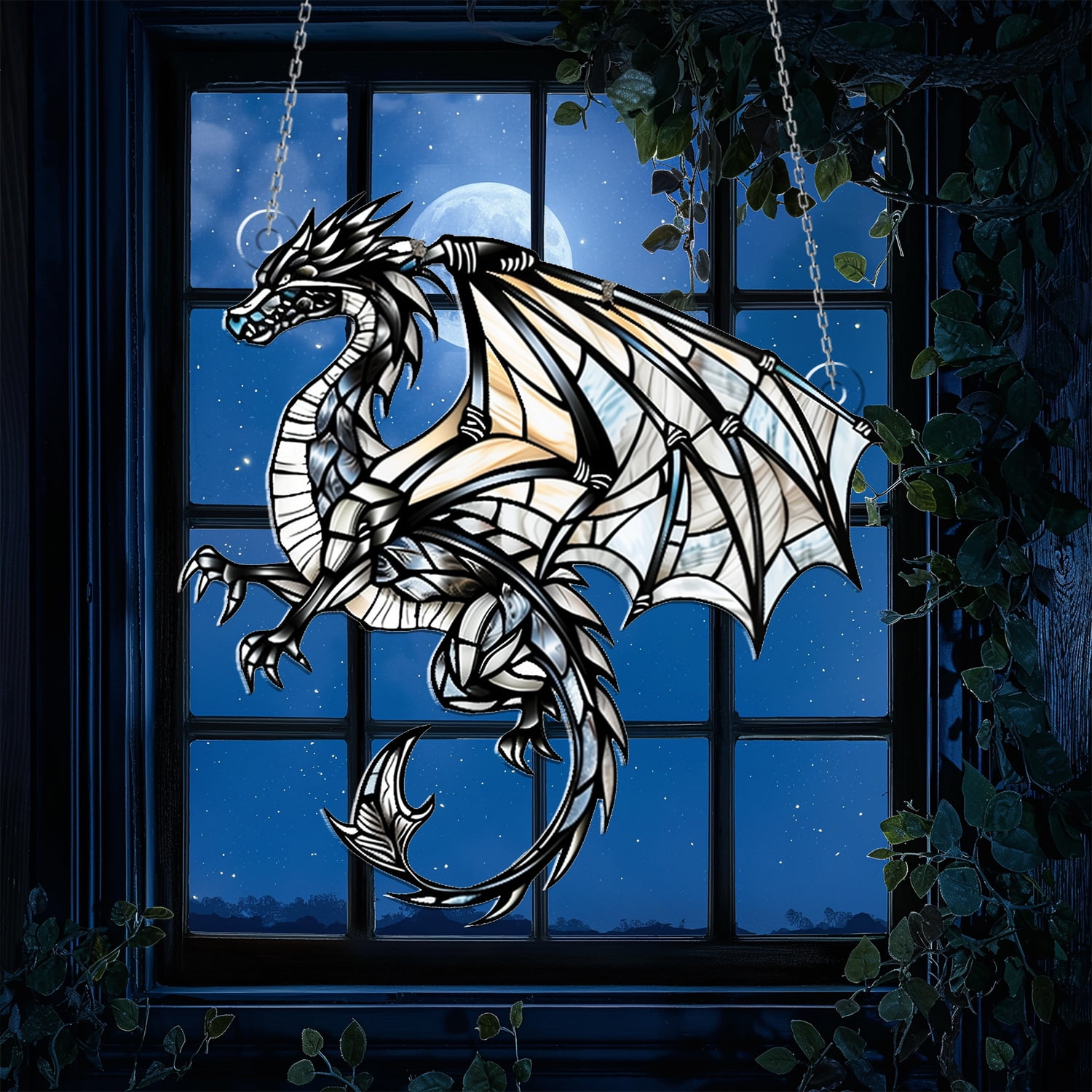 Acrylic Window Hanging, Majestic Dragon with Moonlit Stained Glass ...
