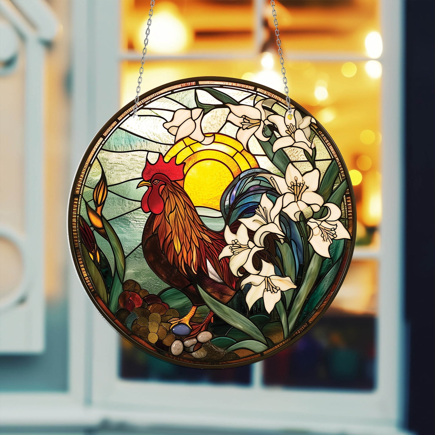 Acrylic Window Hanging, Majestic Rooster with Lilies in 2D Stained ...