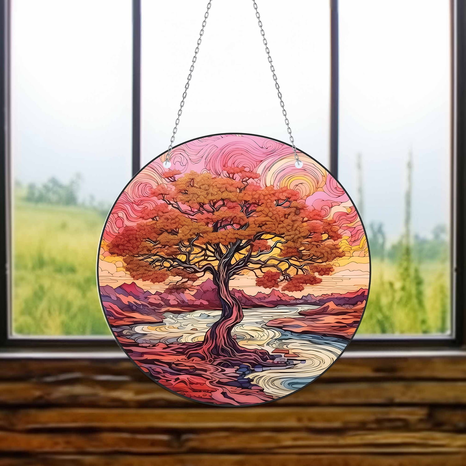 Acrylic Window Hanging, Majestic Tree Design with Warm Tones, Stained ...