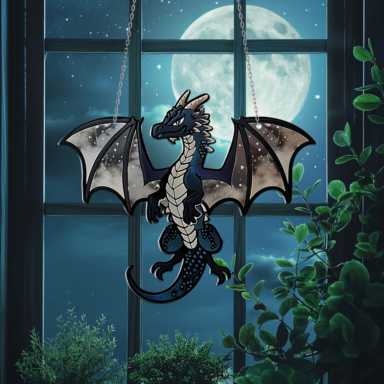 Acrylic Window Hanging, Midnight Dragon with Moonlight, 2D Stained ...