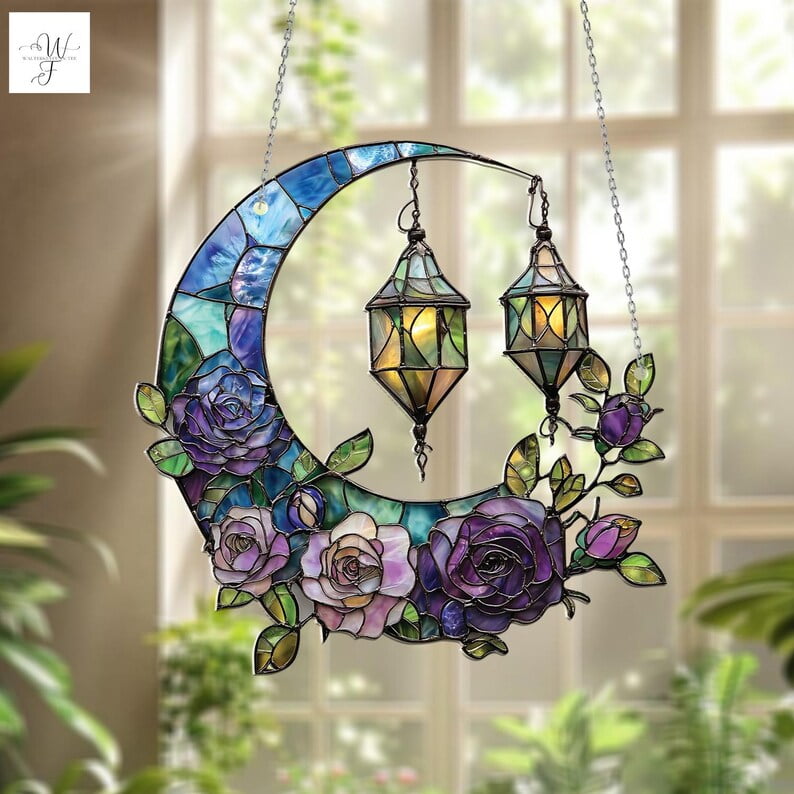 Acrylic Window Hanging Moon with Lanterns, Purple Rose Design, Unique ...
