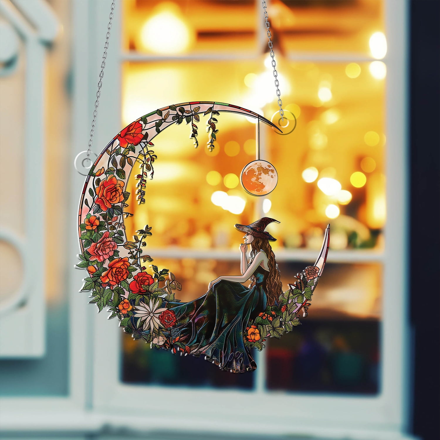 Acrylic Window Hanging, Mystical Moon Witch with Floral Accents in 2D ...