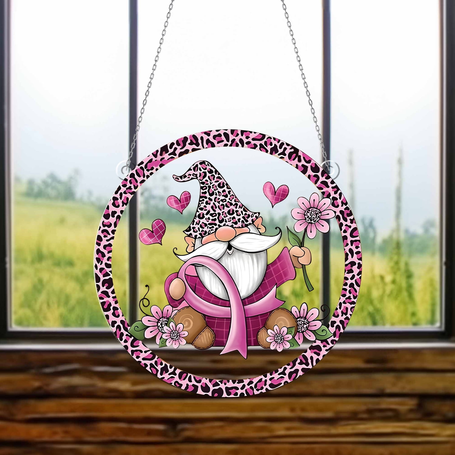 Acrylic Window Hanging, Pink Gnome with Ribbon and Leopard Print, 2D ...