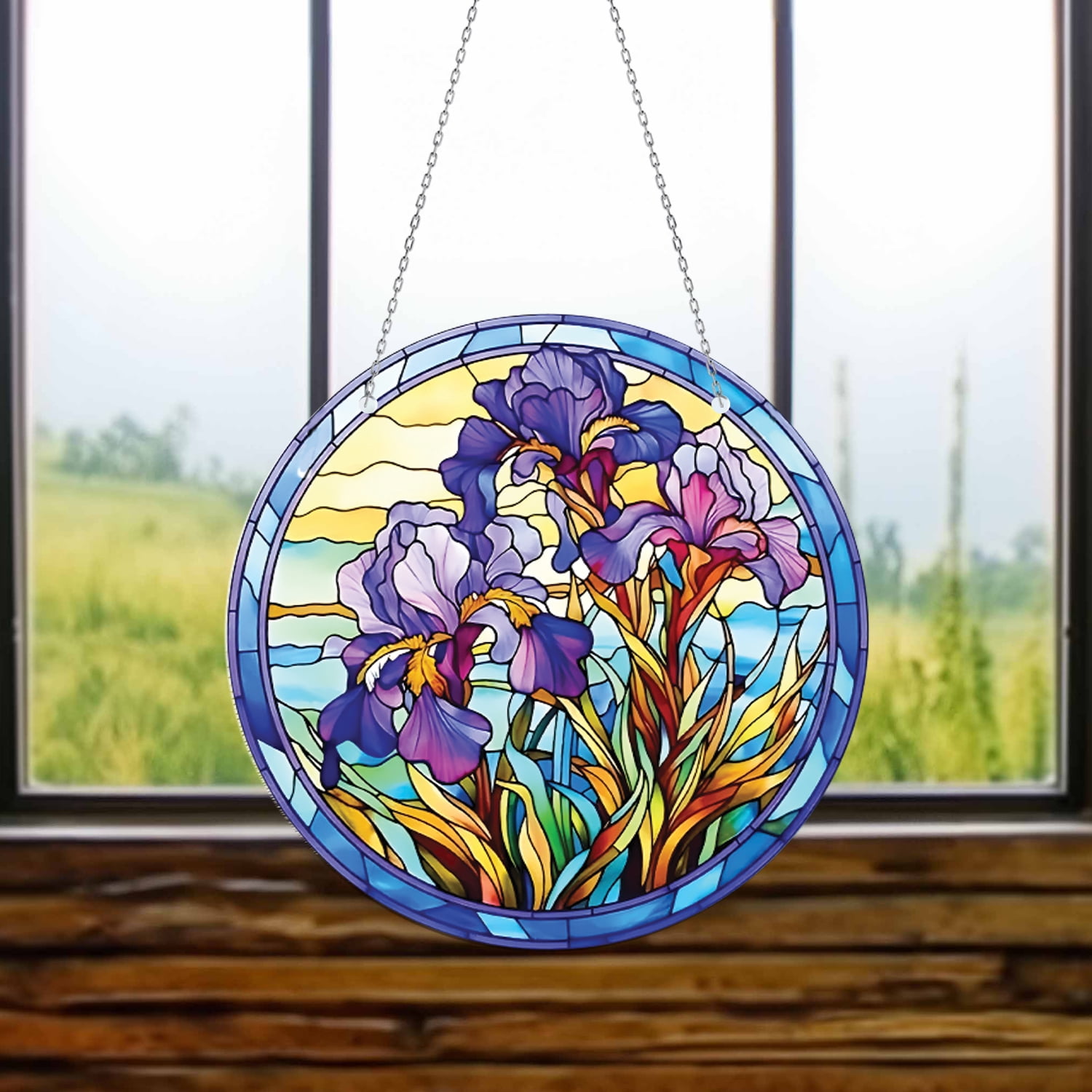Acrylic Window Hanging, Purple Iris Flowers, 2D Stained Glass Style ...
