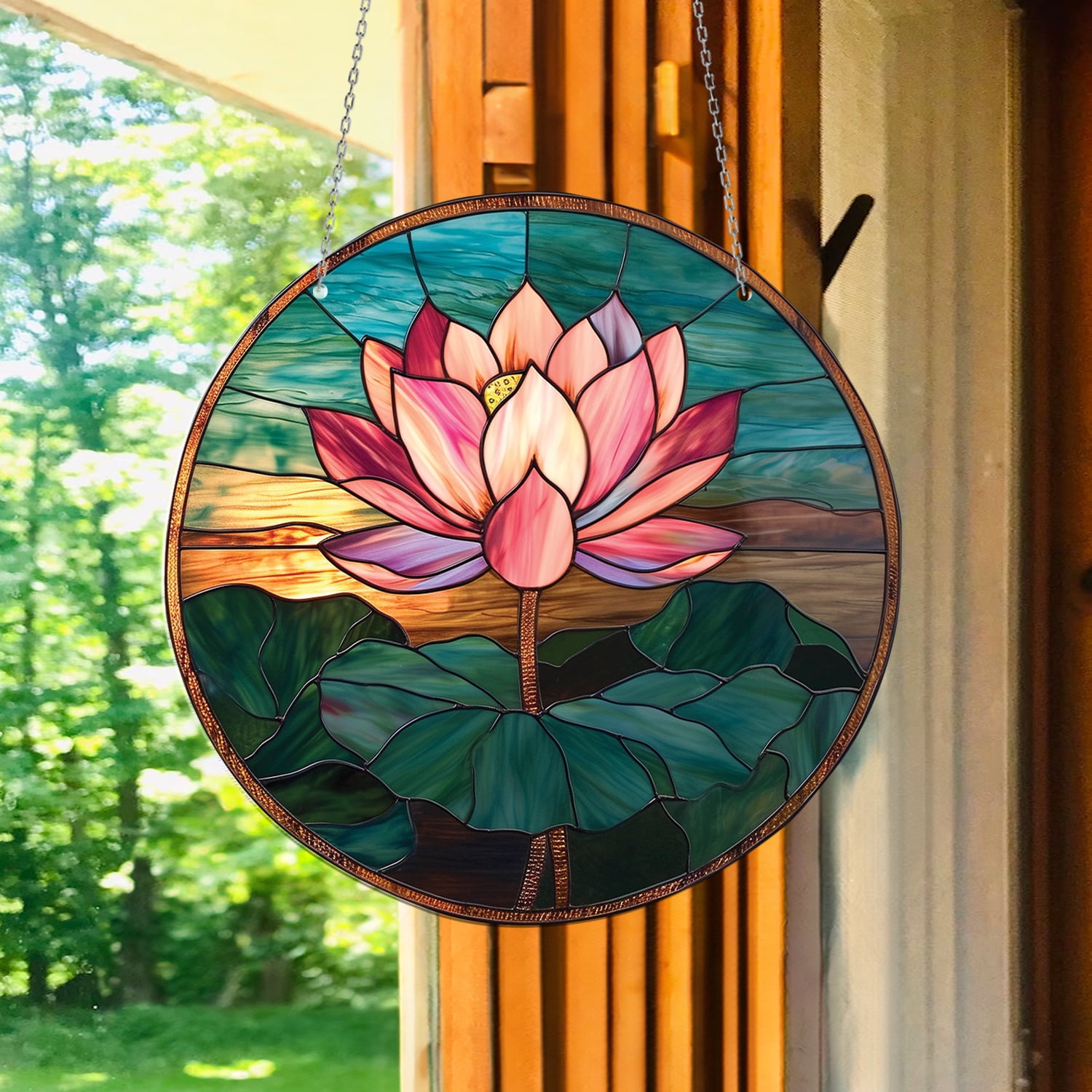 Acrylic Window Hanging, Radiant Lotus Flower in 2D Stained Glass Style ...