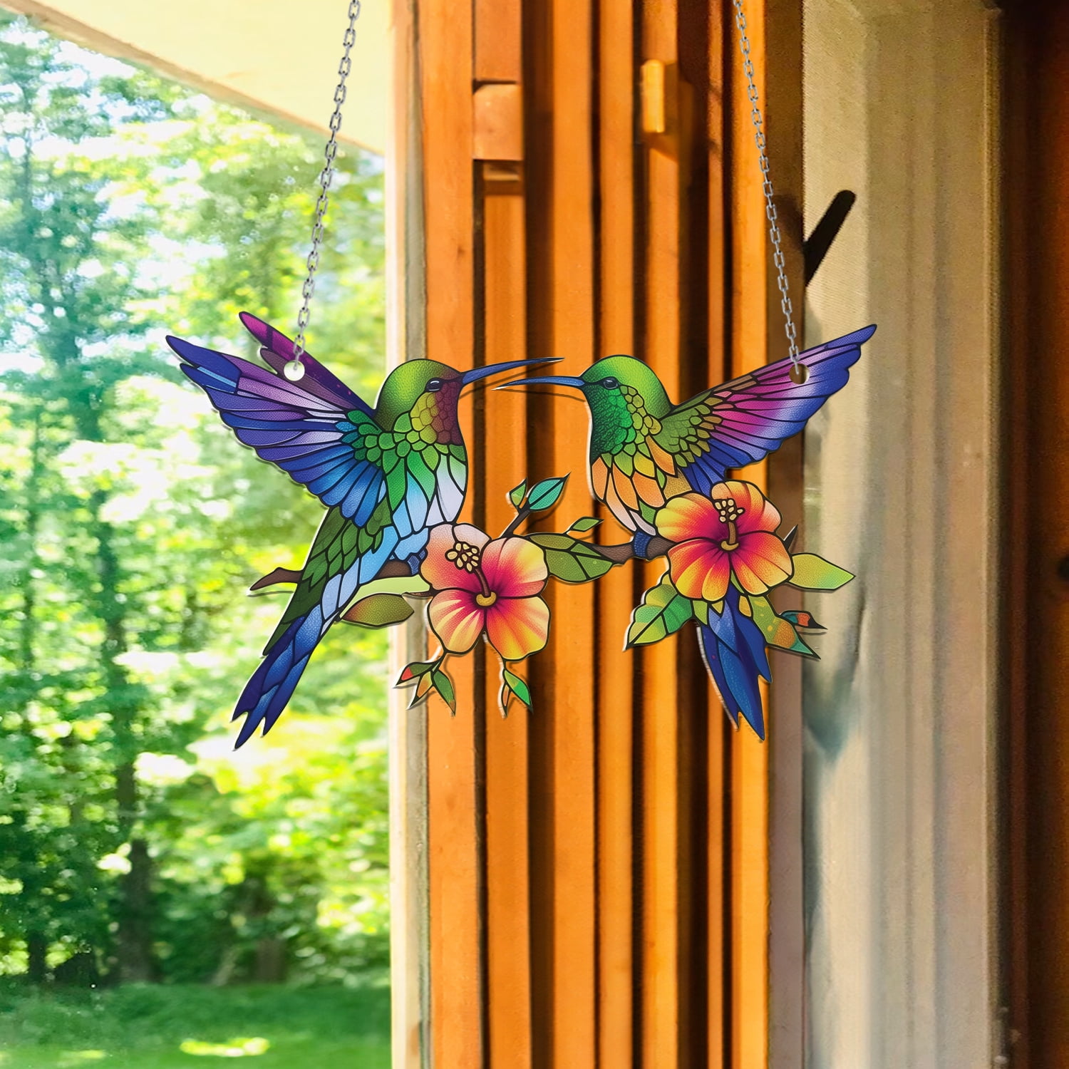 Acrylic Window Hanging, Romantic Hummingbird Couple with Flowers in 2D ...