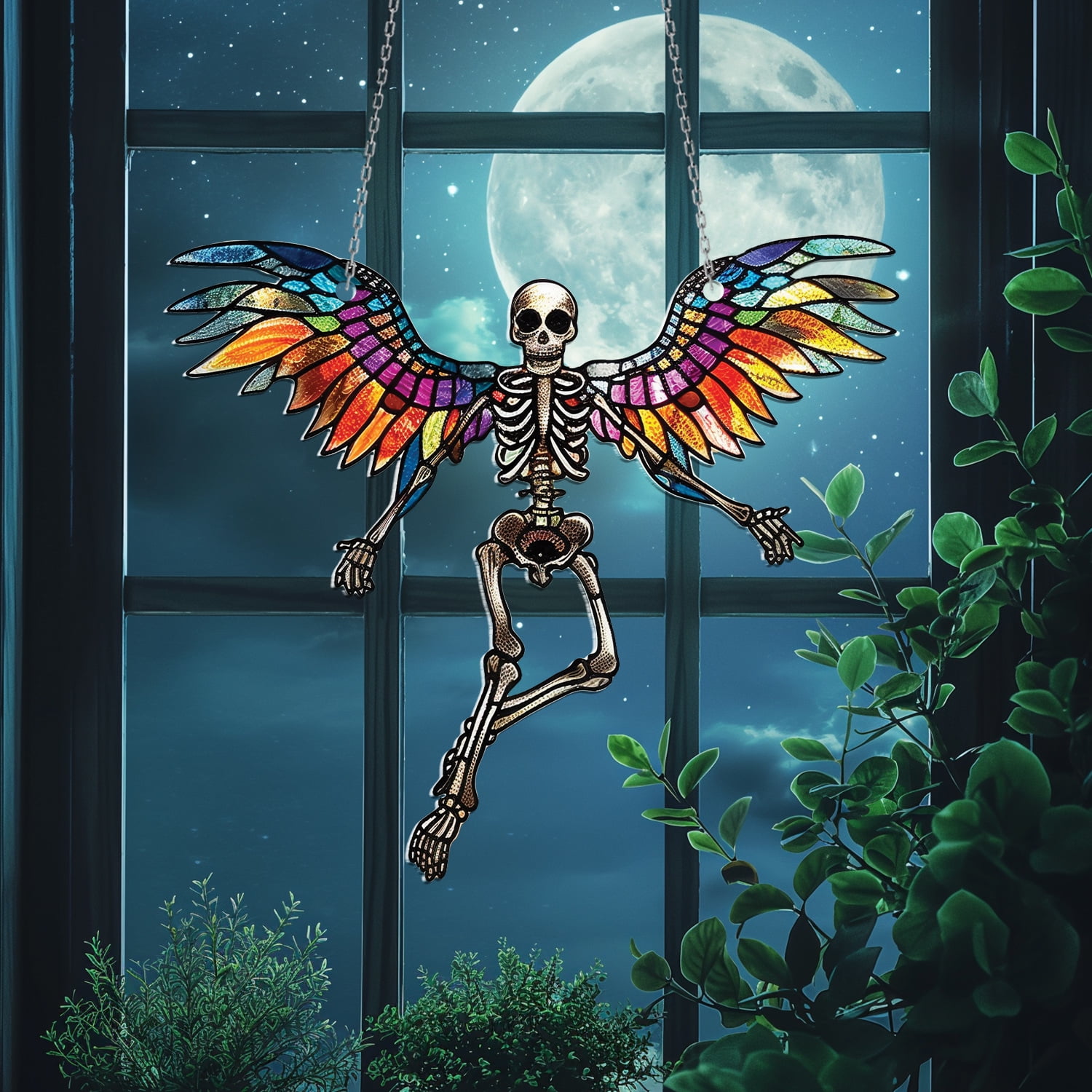 Acrylic Window Hanging Skeleton with Wings - 2D Stained Glass Style for ...