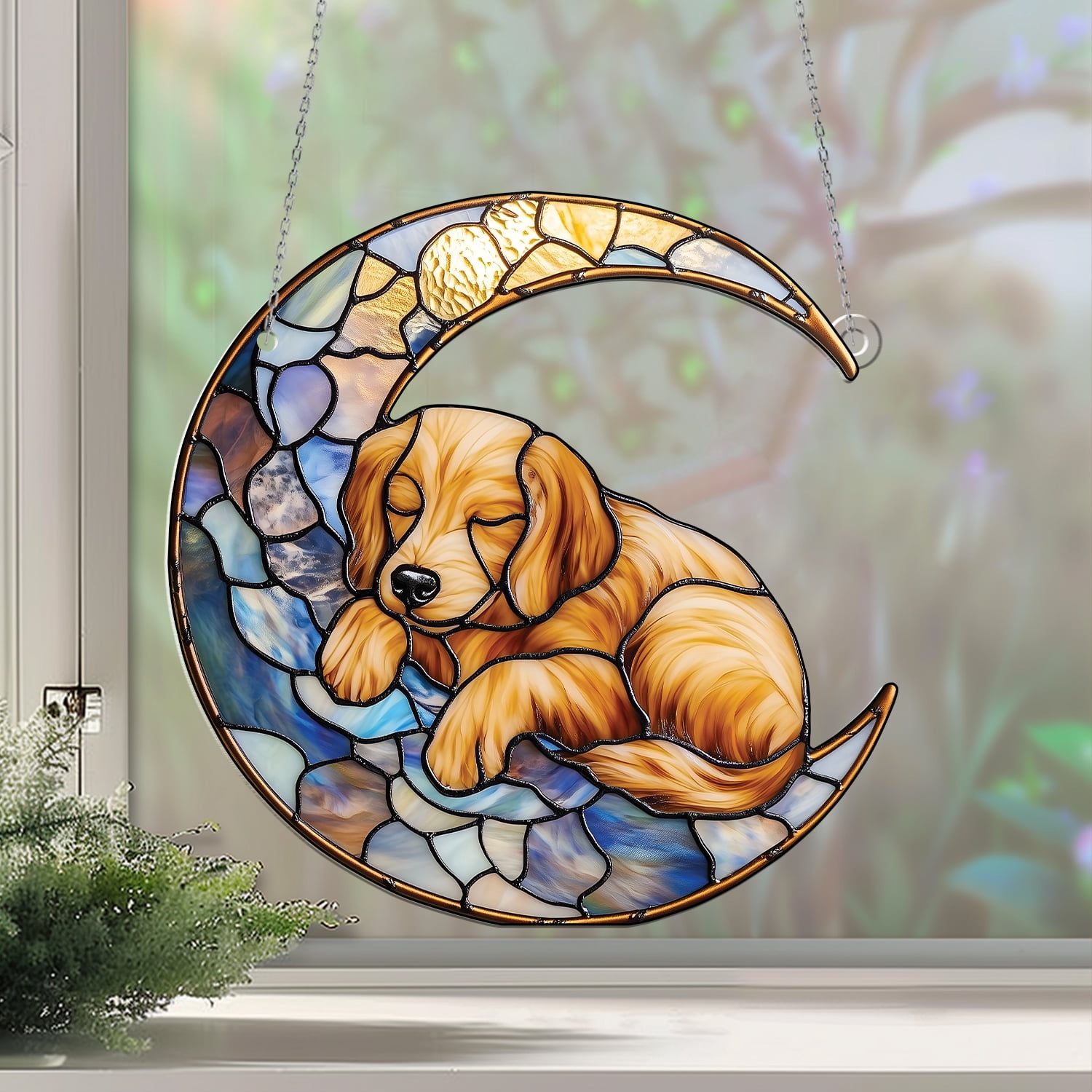 Acrylic Window Hanging, Sleeping Puppy on Crescent Moon in 2D Stained ...