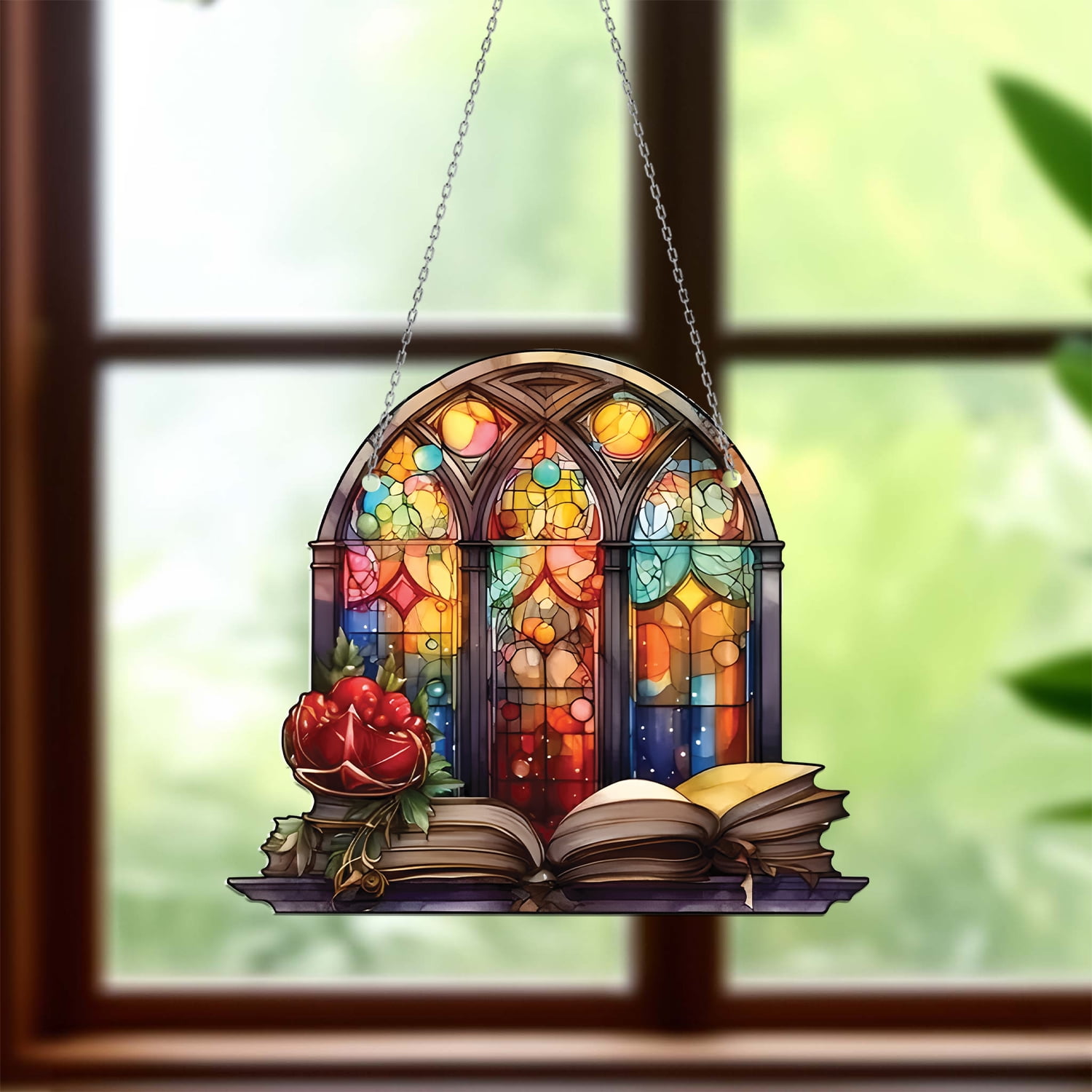 Acrylic Window Hanging, Stained Glass Window with Open Book and Rose ...