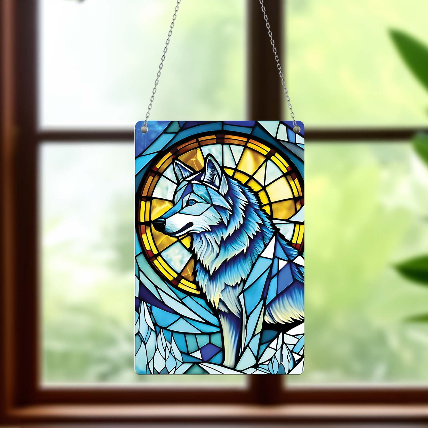 Acrylic Window Hanging, Wolf with Sunburst Background, 2D Stained Glass ...