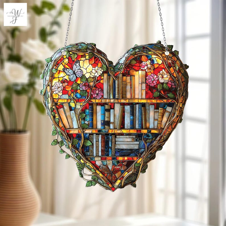 Acrylic Window Hanging with Heart-Shaped Bookshelf and Floral Design ...
