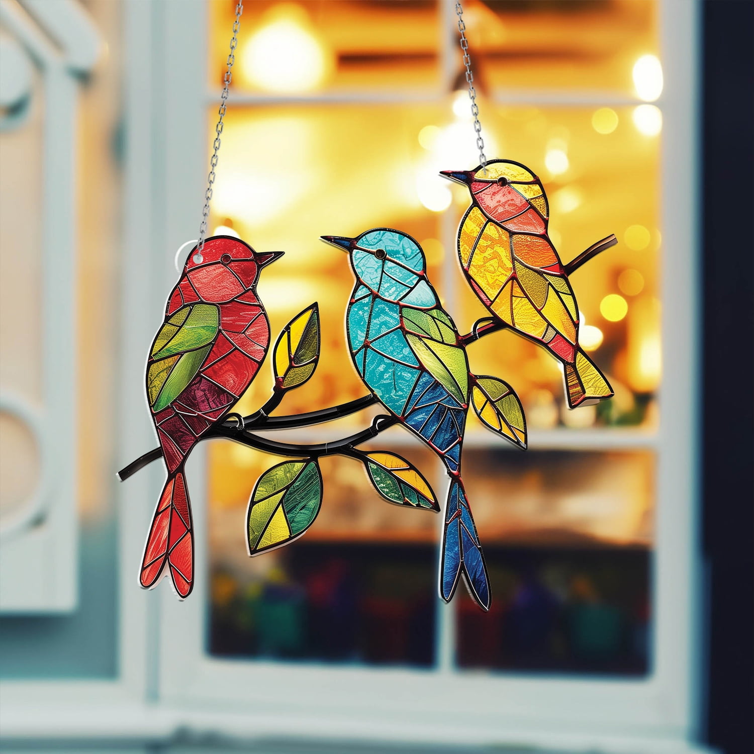 Acrylic Window Hanging with Three Birds on Branch - Nature and Art ...