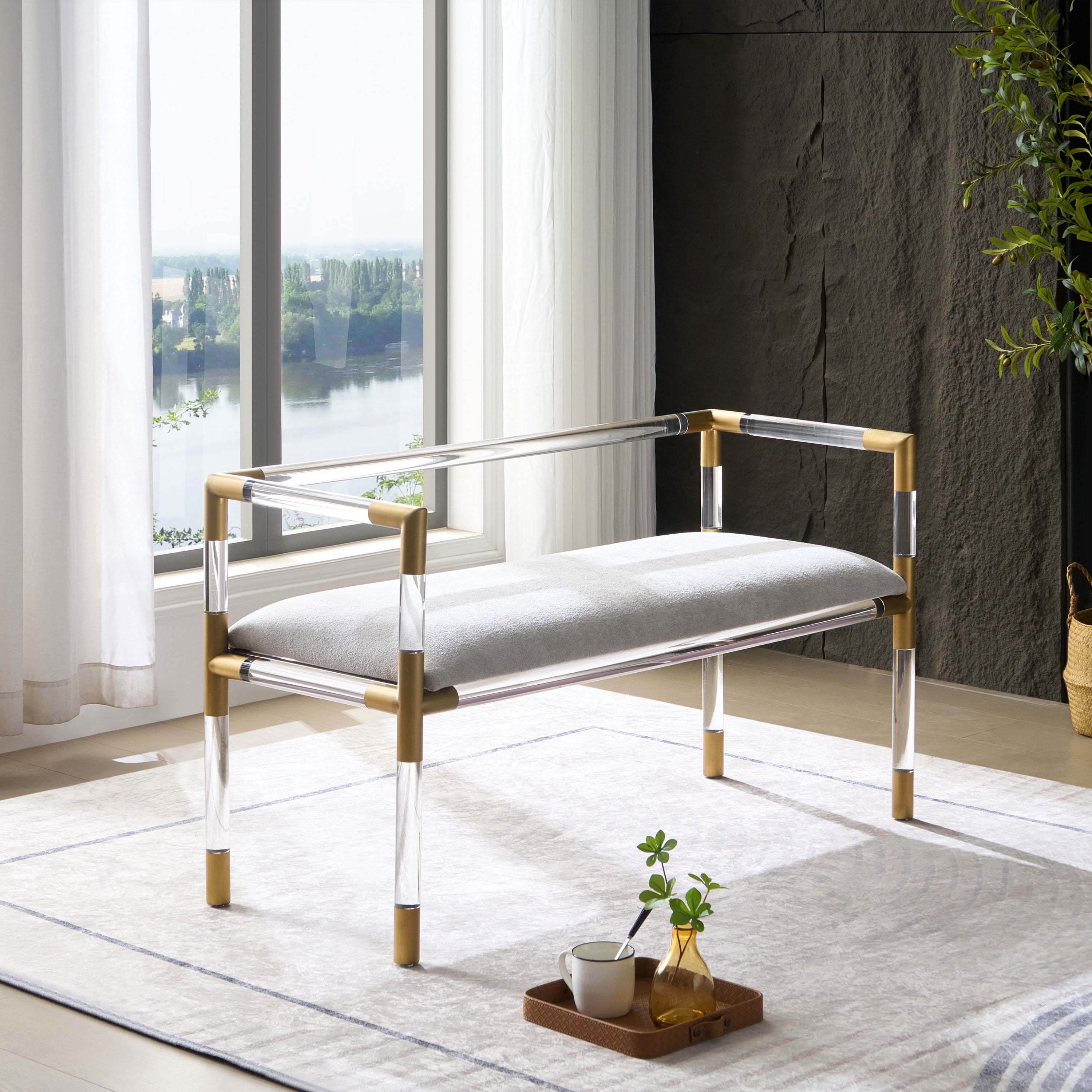 Acrylic and Gold Stainless Steel Combination Bench for Bedroom or ...