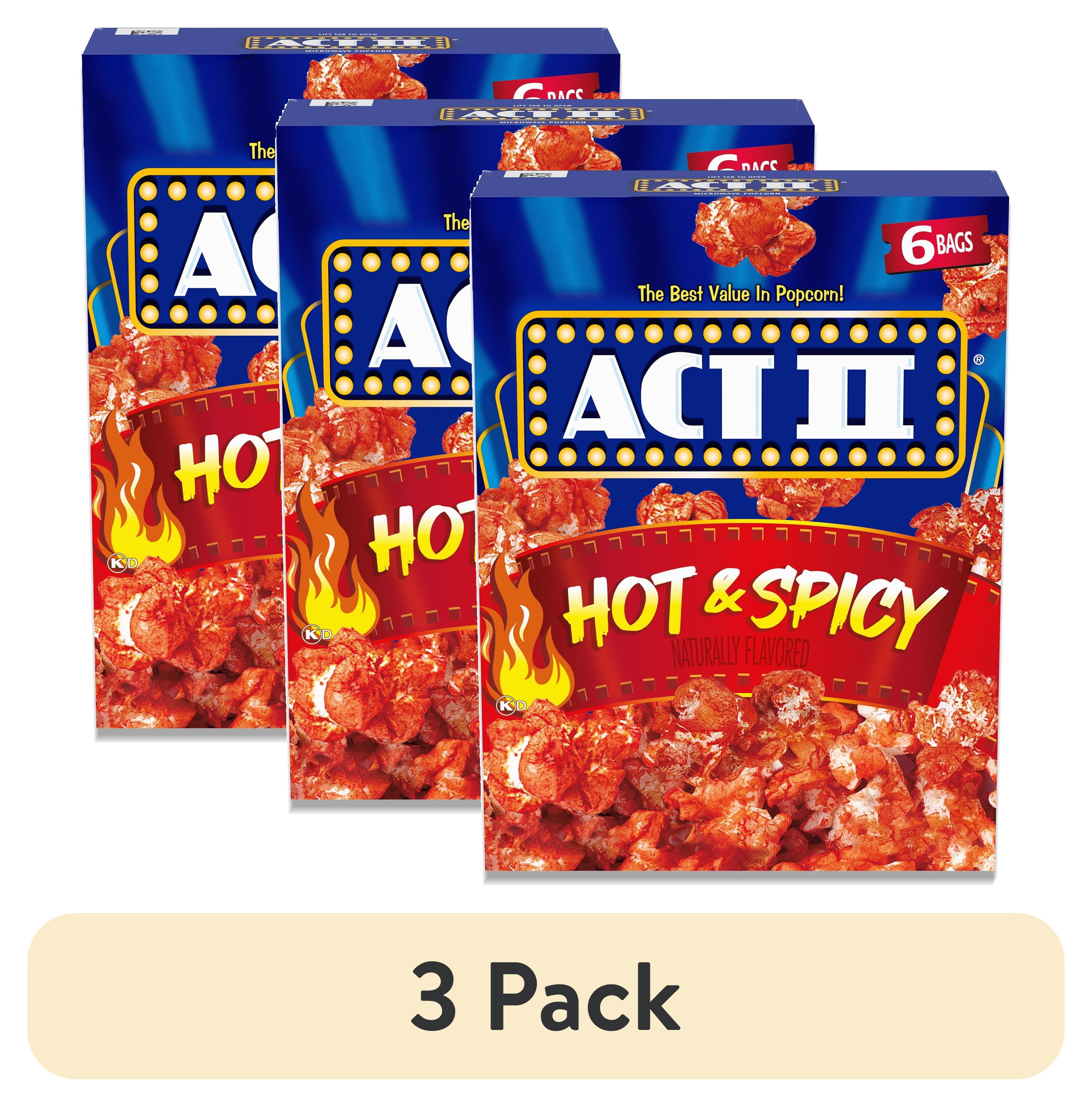(3 pack) Act II Hot and Spicy Flavor Microwave Popcorn, 12.7 oz, 6 ...