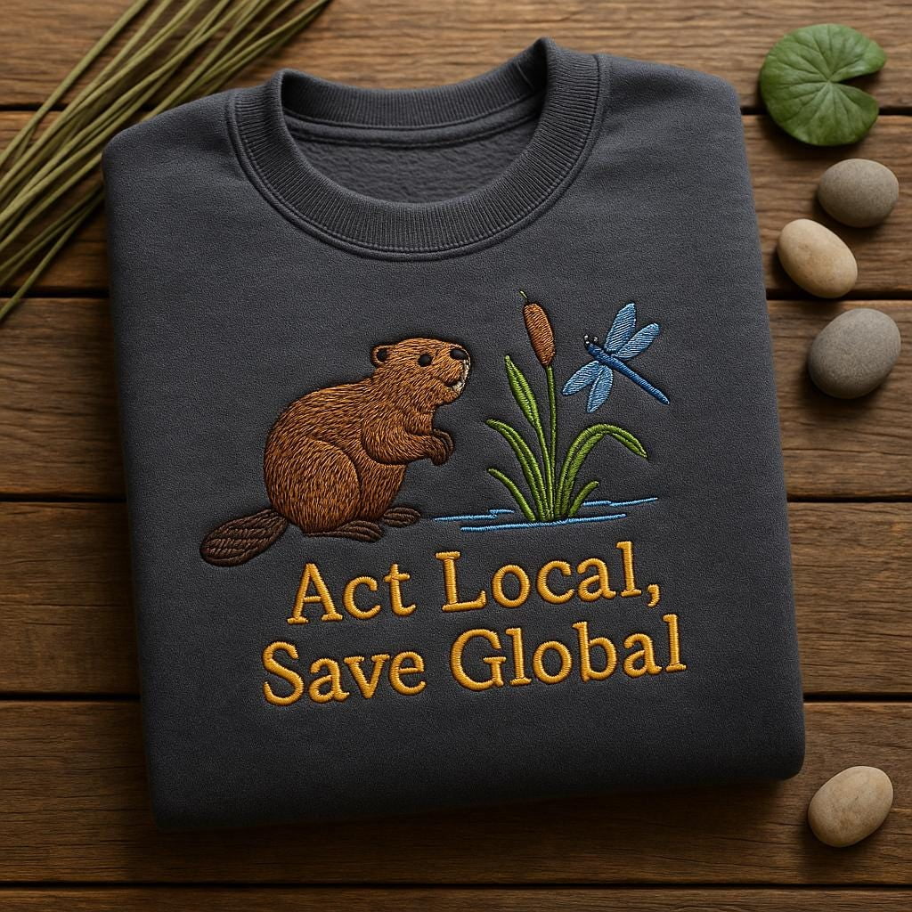 Act Local Save Global Embroidered Sweatshirt, Beaver Nature Lover ...