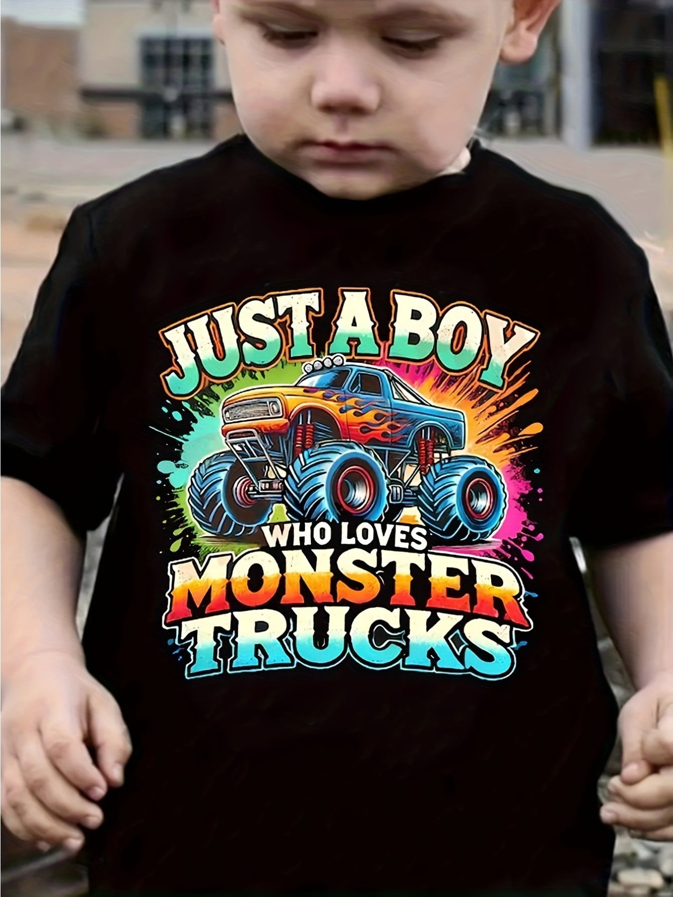 Actflash "Just A Boy Who Loves Monster Trucks" Youngsters' Black T ...