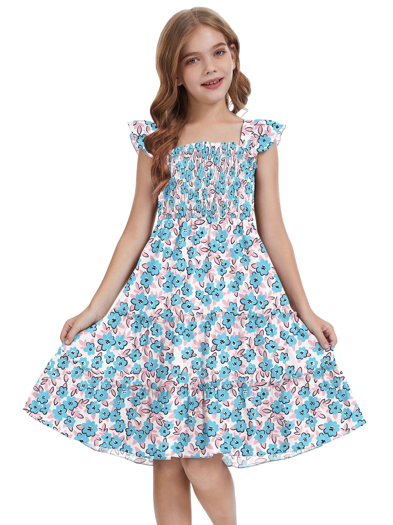 Actgleam Girls Dress Floral Ruffle Square Neck Sleeveless A-Line ...
