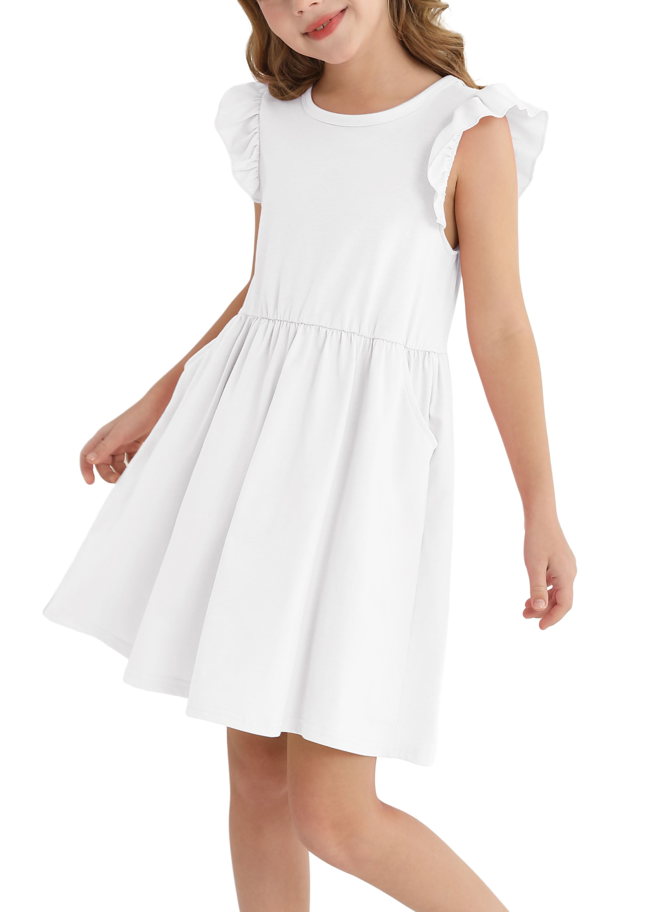 Actgleam Girls Summer Dress, Ruffle Sleeveless A-Line with Pockets ...