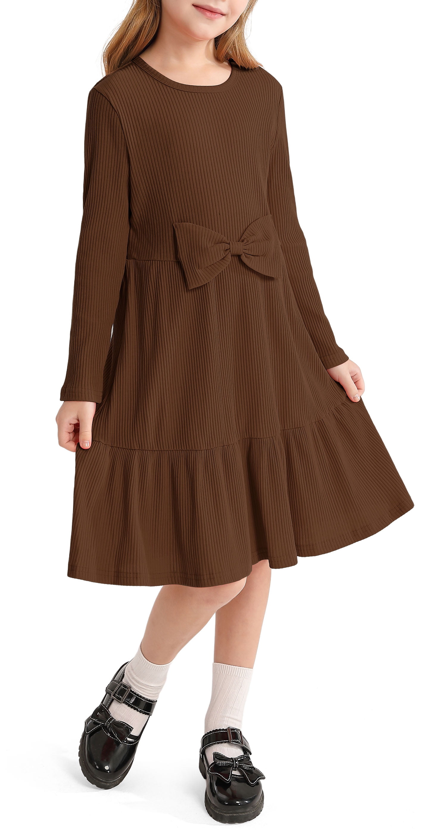 Actgleam Girls Long Sleeve Dress A line Bow Tie School Party Dress,Dark ...