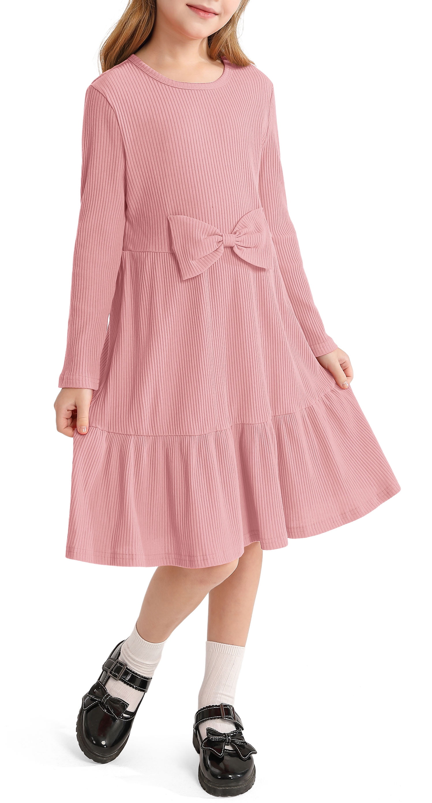 Actgleam Girls Long Sleeve Dress A line Bow Tie School Party Dress,Pink ...