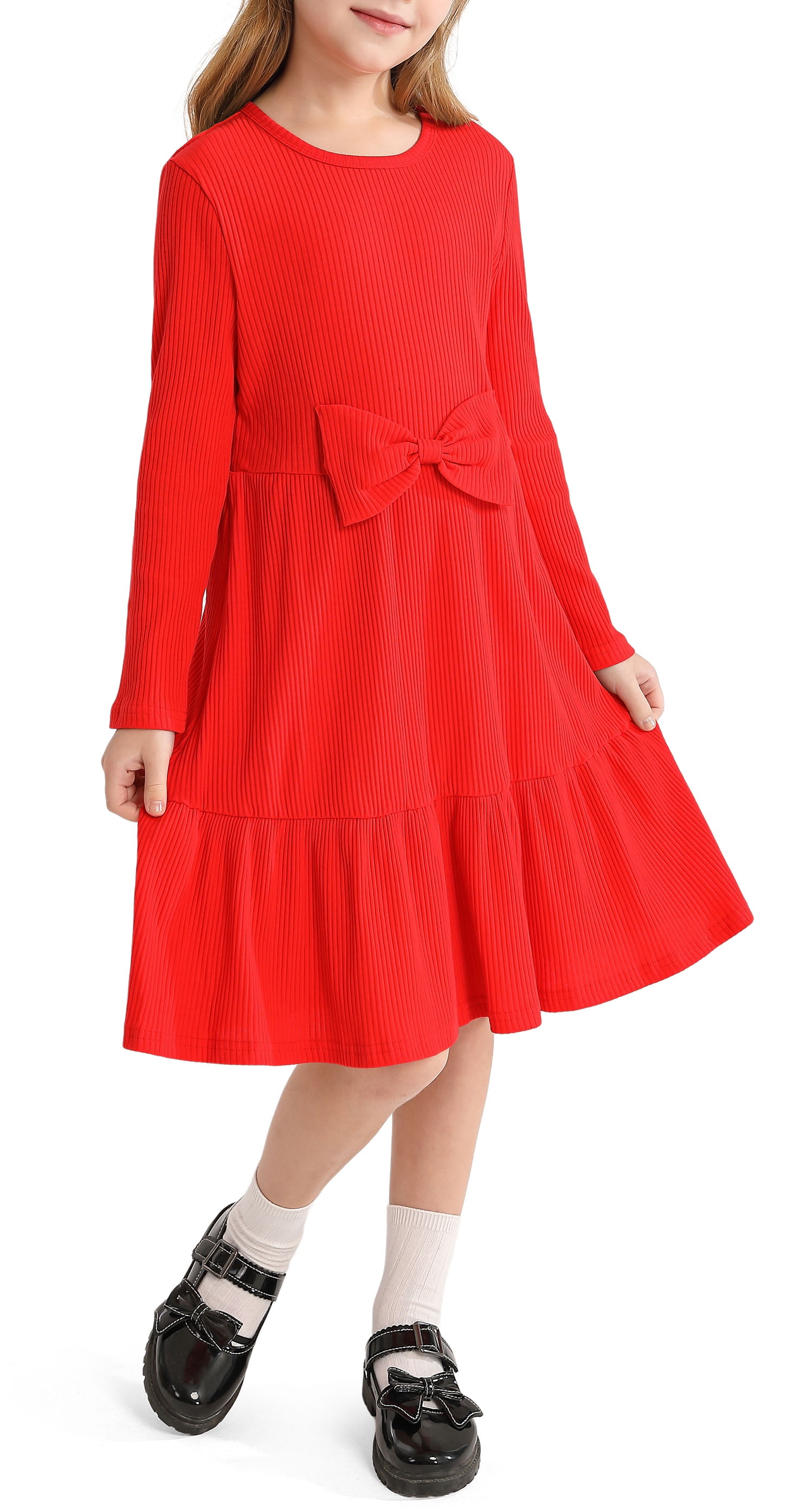 Actgleam Girls Long Sleeve Dress A line Bow Tie School Party Dress,Red ...