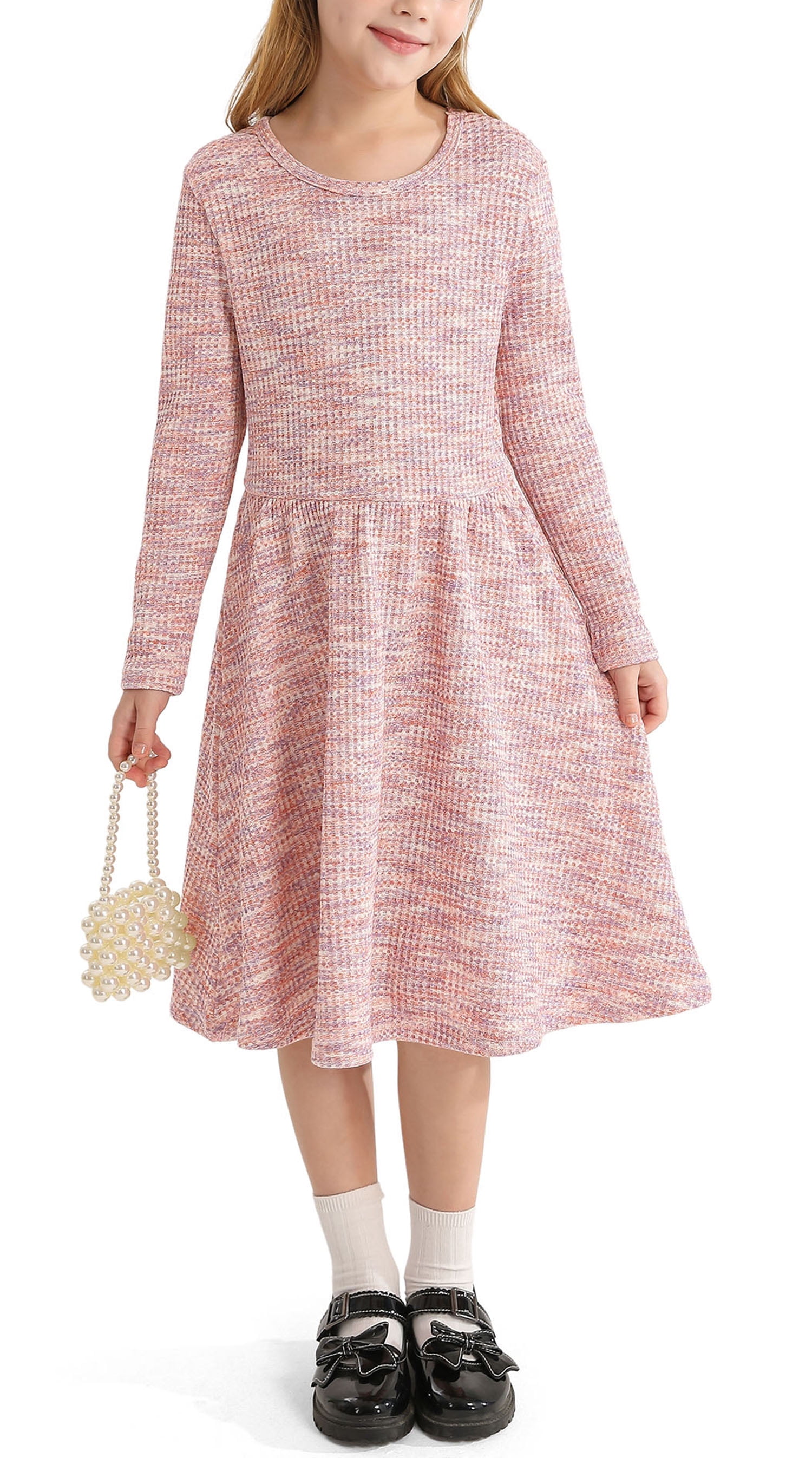 Actgleam Girls Long Sleeve Dress Round Neck A-line Casual Cute Knit ...