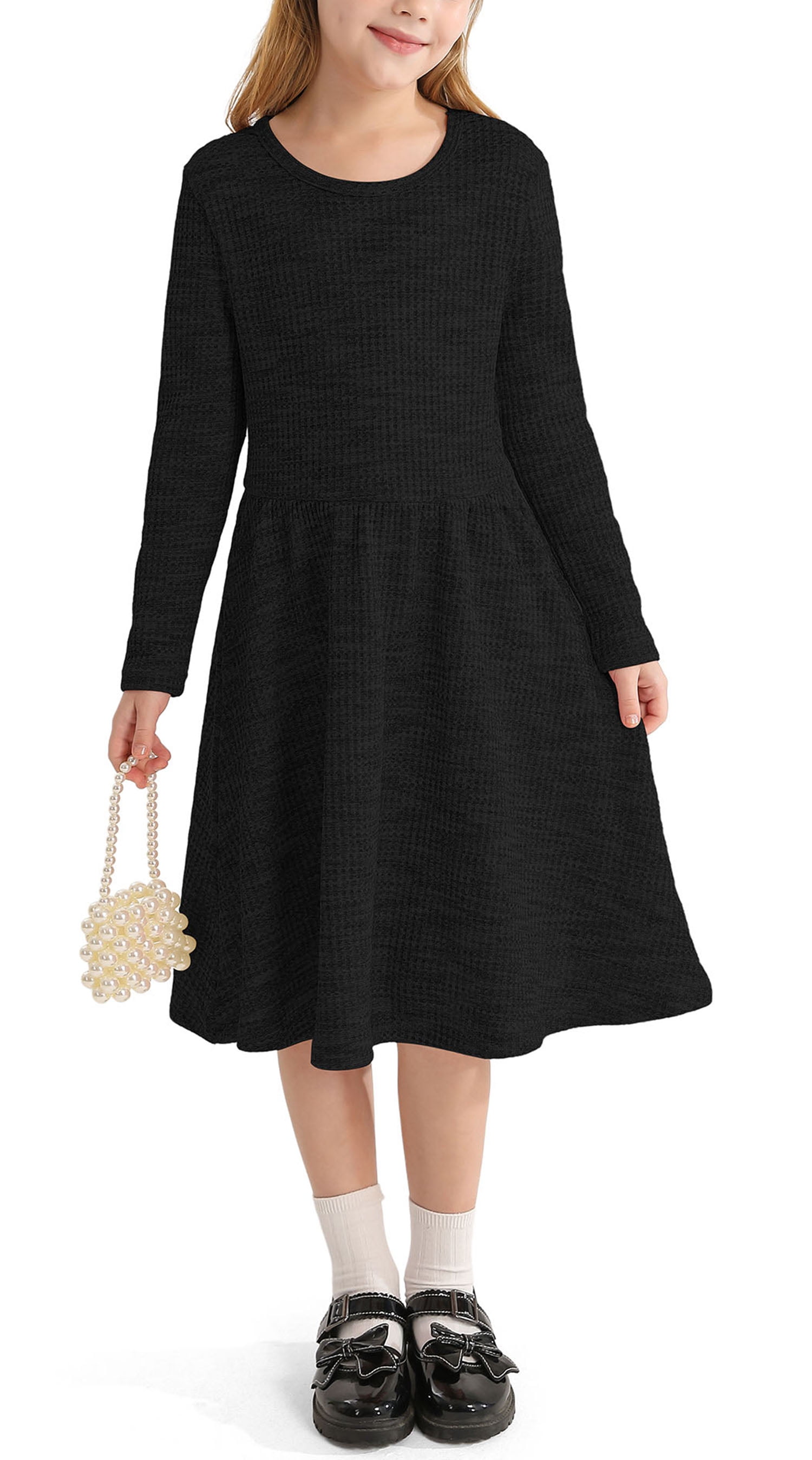 Actgleam Girls Long Sleeve Dress Round Neck A-line Casual Cute Knit ...