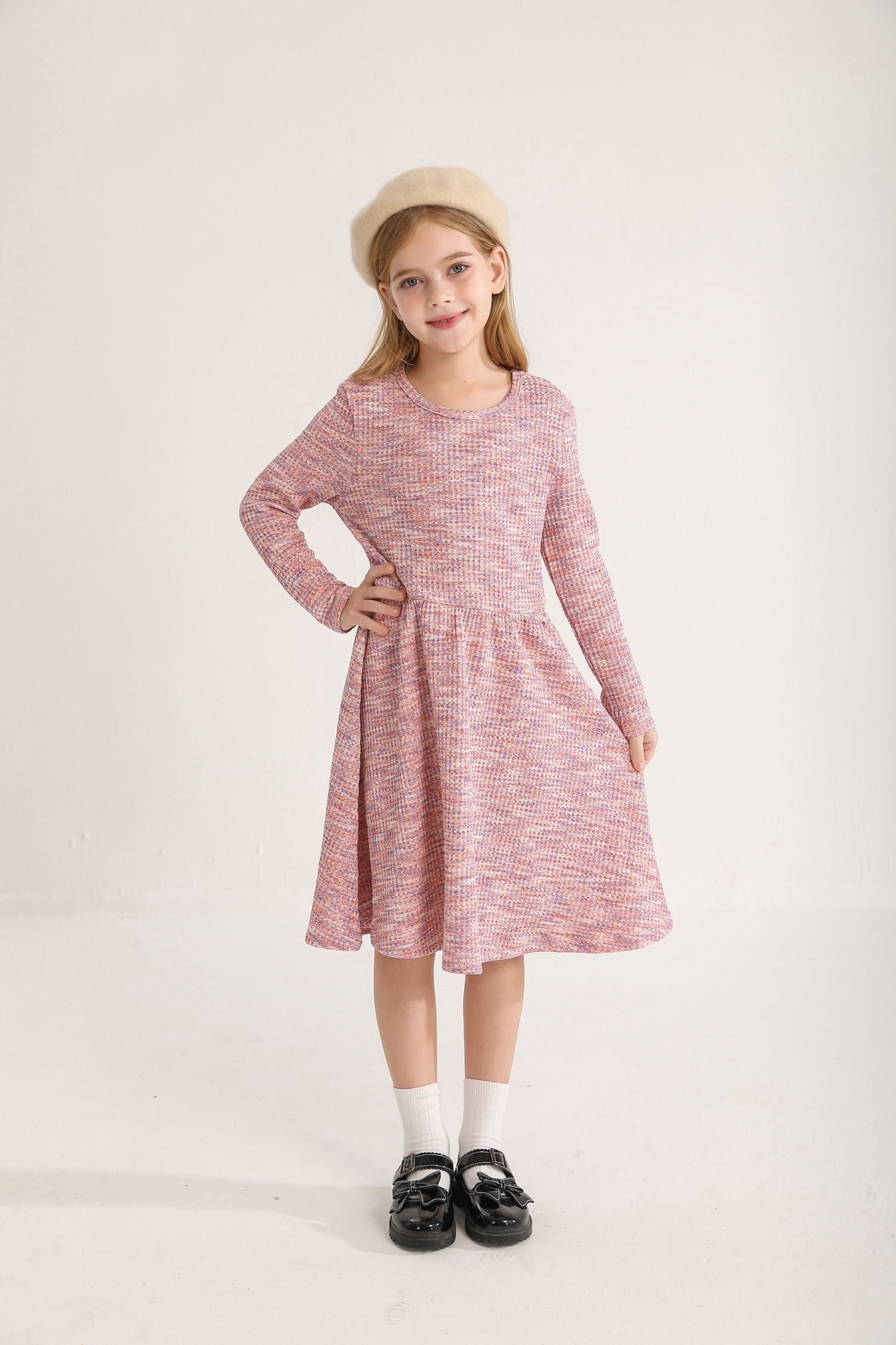 Actgleam Girls Long Sleeve Dress Round Neck A-line Casual Cute Knit ...