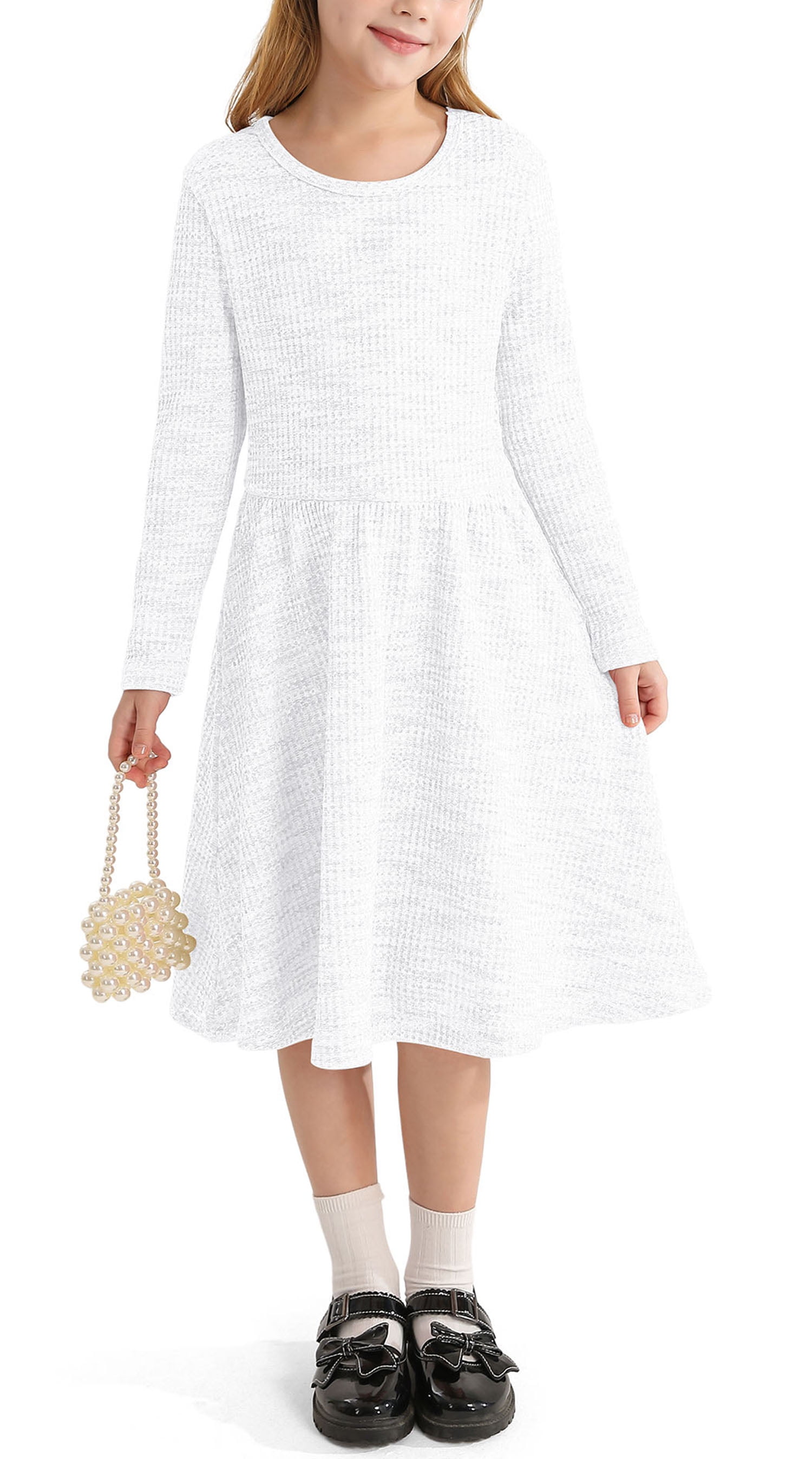 Actgleam Girls Long Sleeve Dress Round Neck A-line Casual Cute Knit ...