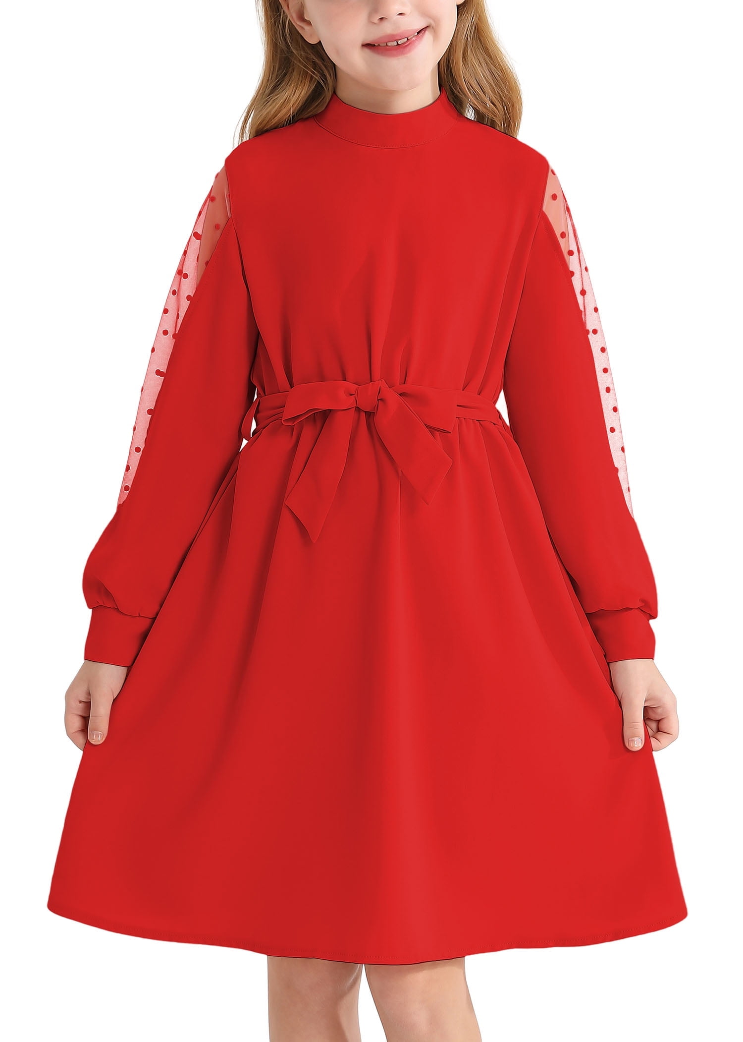 Actgleam Girls Mesh Long Sleeve Dress Crew Neck A-Line Party Belted ...