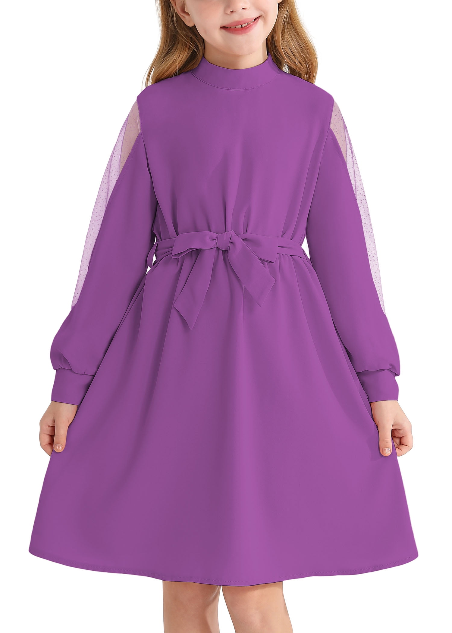 Actgleam Girls Mesh Long Sleeve Dress Crew Neck A-Line Party Belted ...