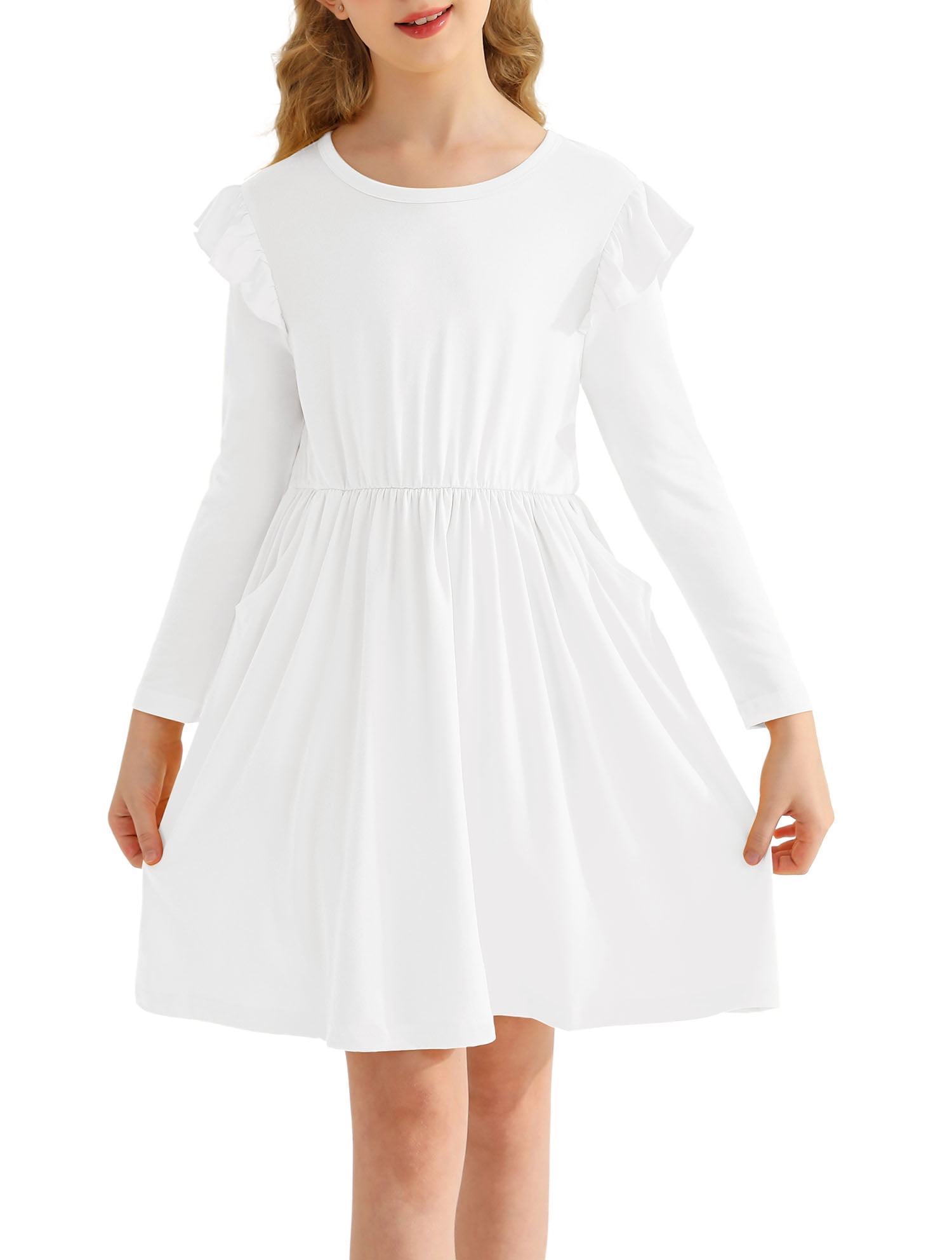 Actgleam Girls Ruffle Long Sleeve Dress Knit Cute Casual with 2 Pockets ...