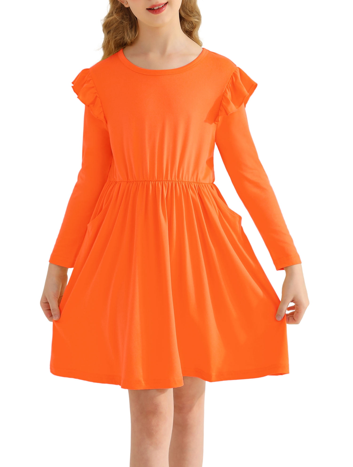 Actgleam Girls Ruffle Long Sleeve Dress Knit Cute Casual with 2 Pockets ...