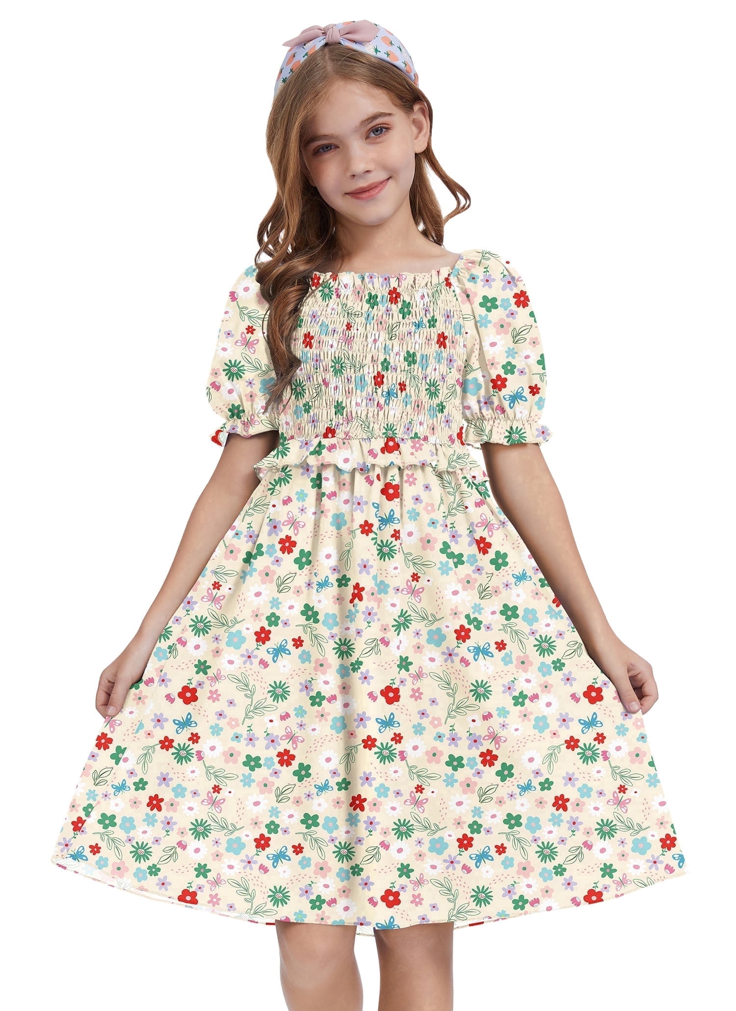 Actgleam Girls Summer Dress Kids Floral Print Puff Sleeve Cute Square ...