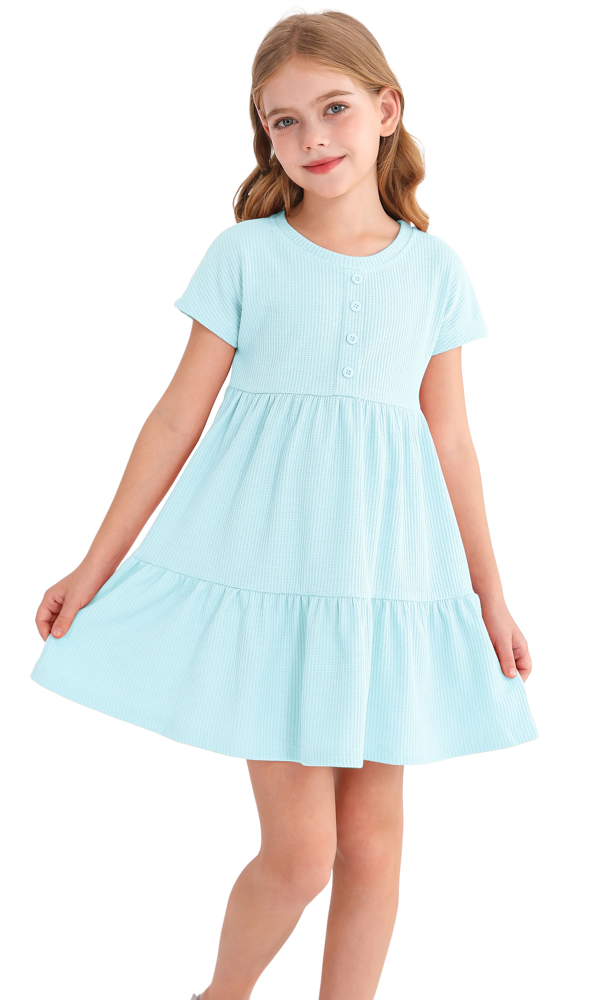Actgleam Girls Waffle Short Sleeve Dresses Summer Casual Skater Swing ...