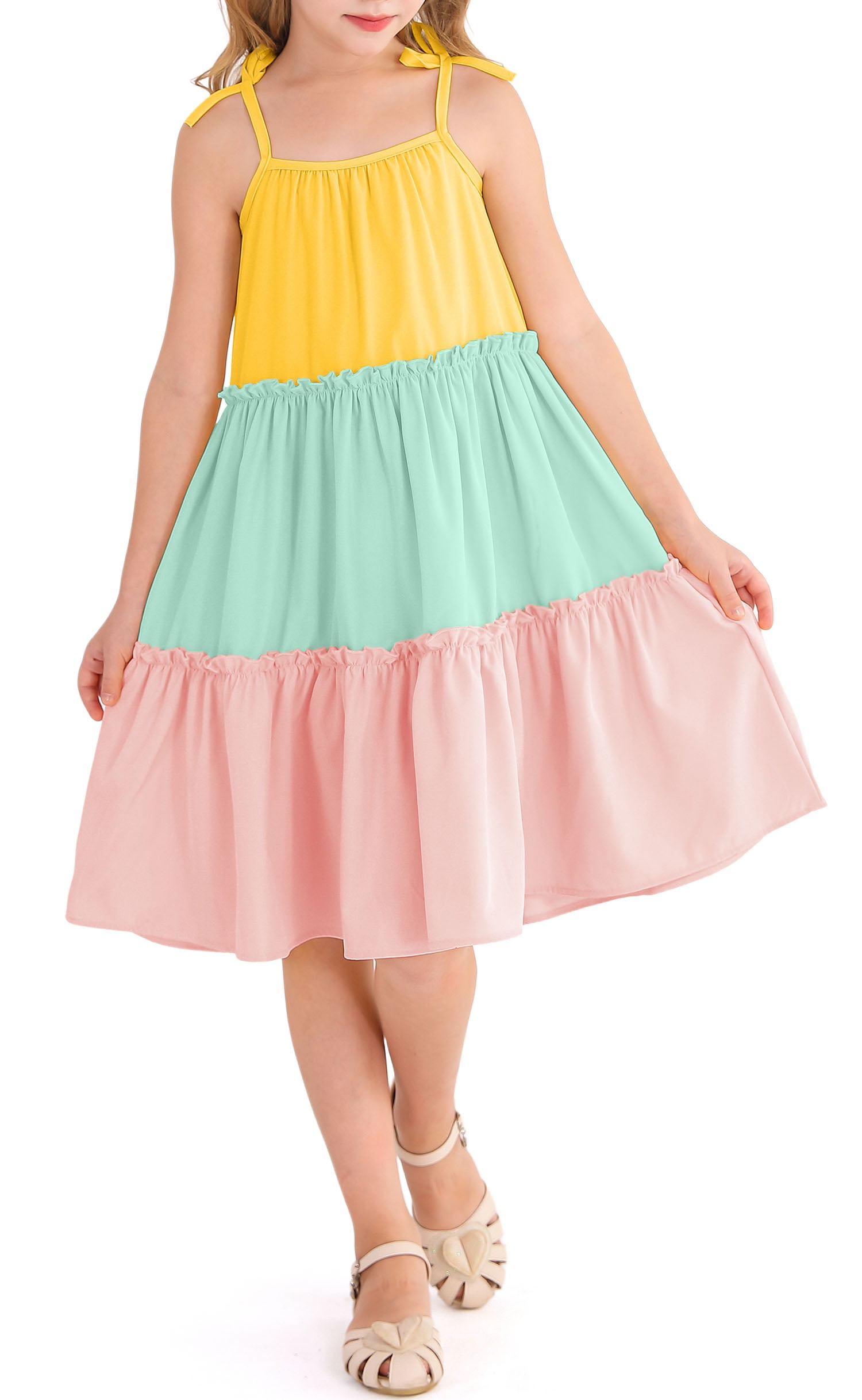 Actgleam Young Girls Summer Sundress Colorblock Bow Shoulder Ruffle Hem ...