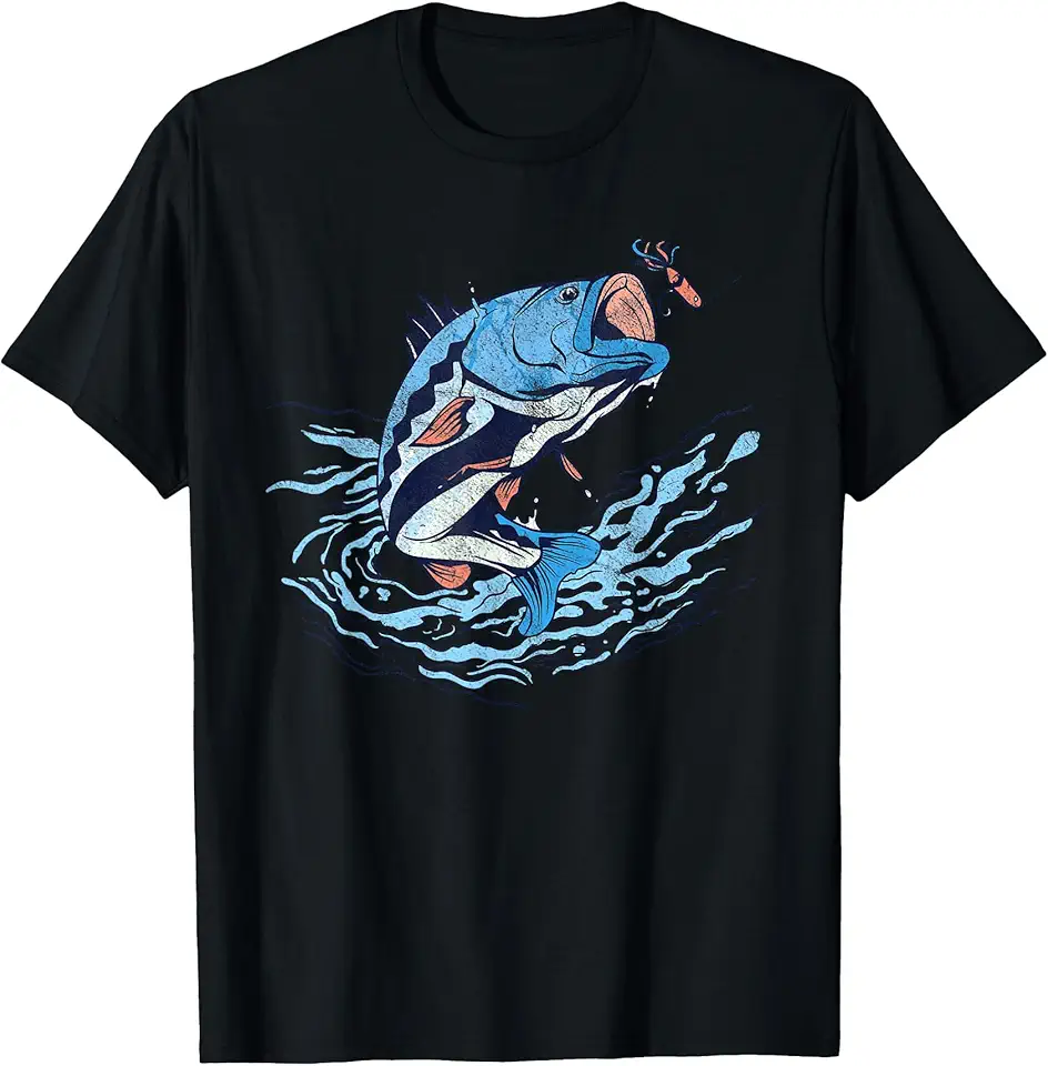 Action Bass Fish Jumping Out of Water for Angler Men Short Sleeve ...