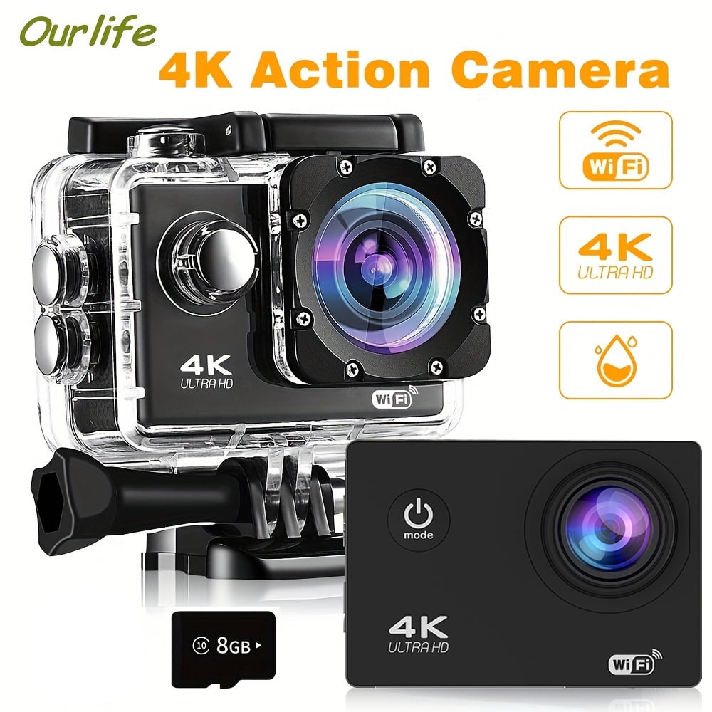 Action Camera 4K Ultra HD - Waterproof WiFi Remote Control 8GB Card 170 ...