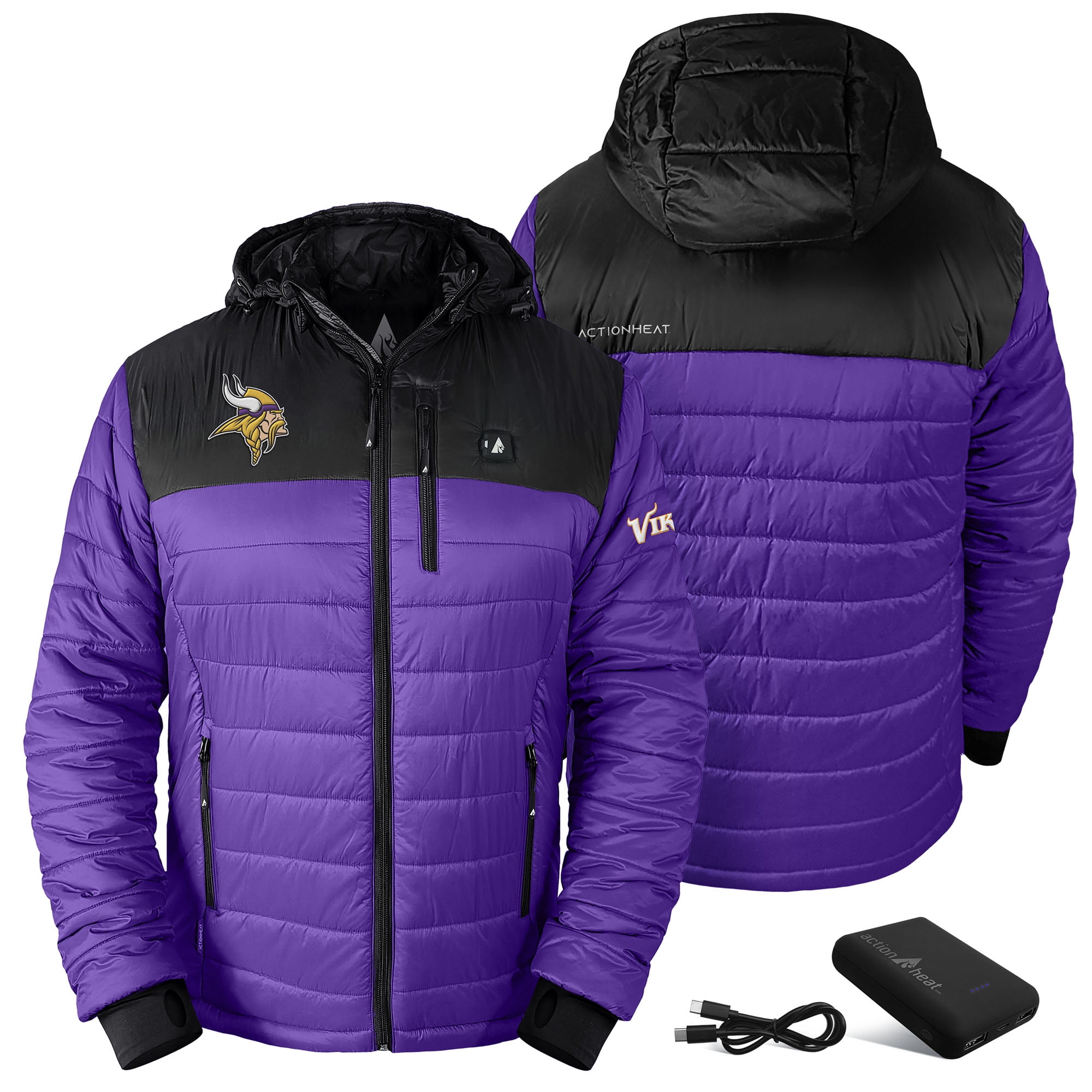 Men's ActionHeat Purple Minnesota Vikings 5V Battery Heated Insulated Puffer Full-Zip Hoodie ...