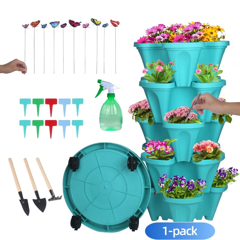 Active Mind Ltd 1 Pack 5-Tier Stackable Planter Tower with Wheels ...