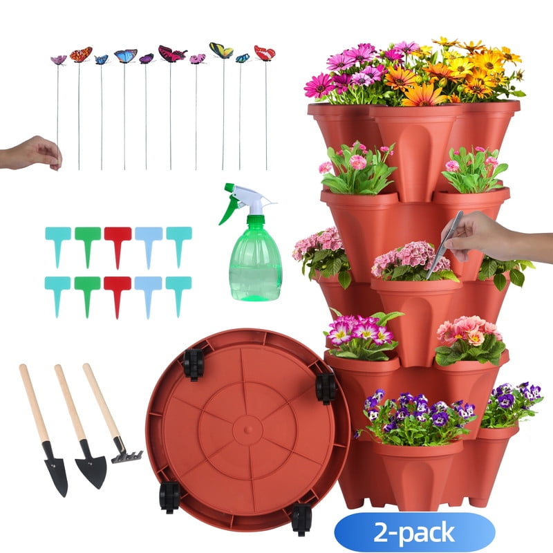 Active Mind Ltd 2 Pack 5-Tier Stackable Planter Tower with Wheels ...